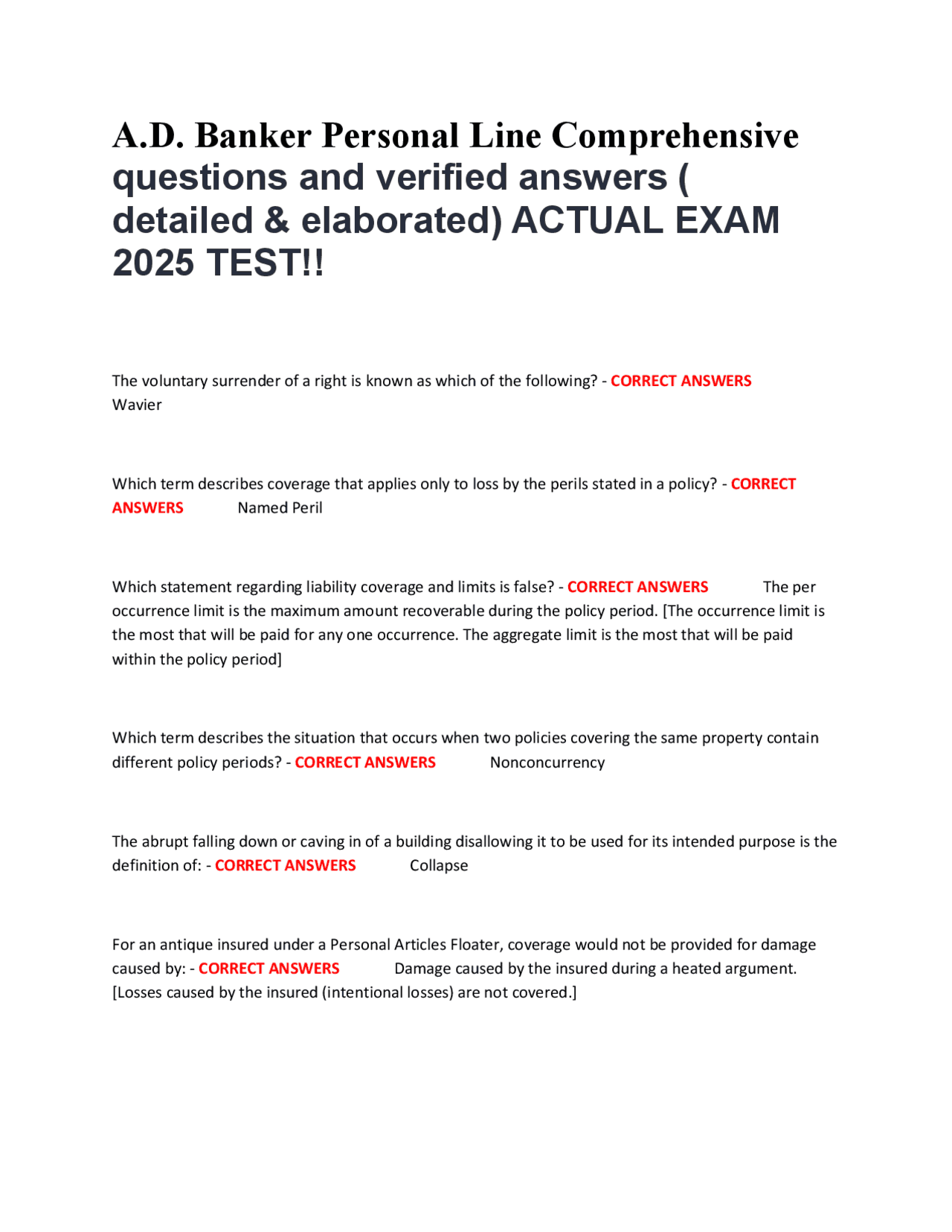 A.D. Banker Personal Line Comprehensive questions and verified answers ...