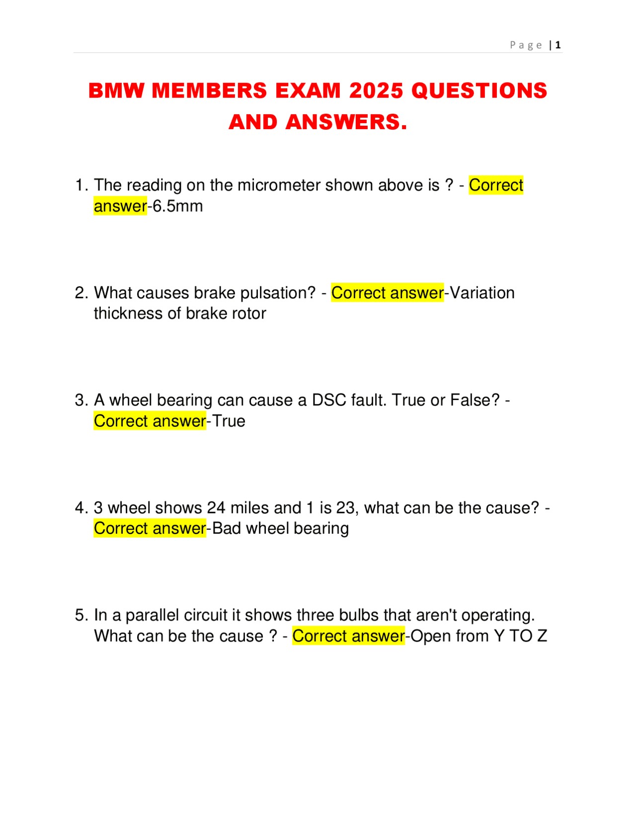 BMW Automotive Mechanics Exam Questions and Answers 2025 | Exams ...