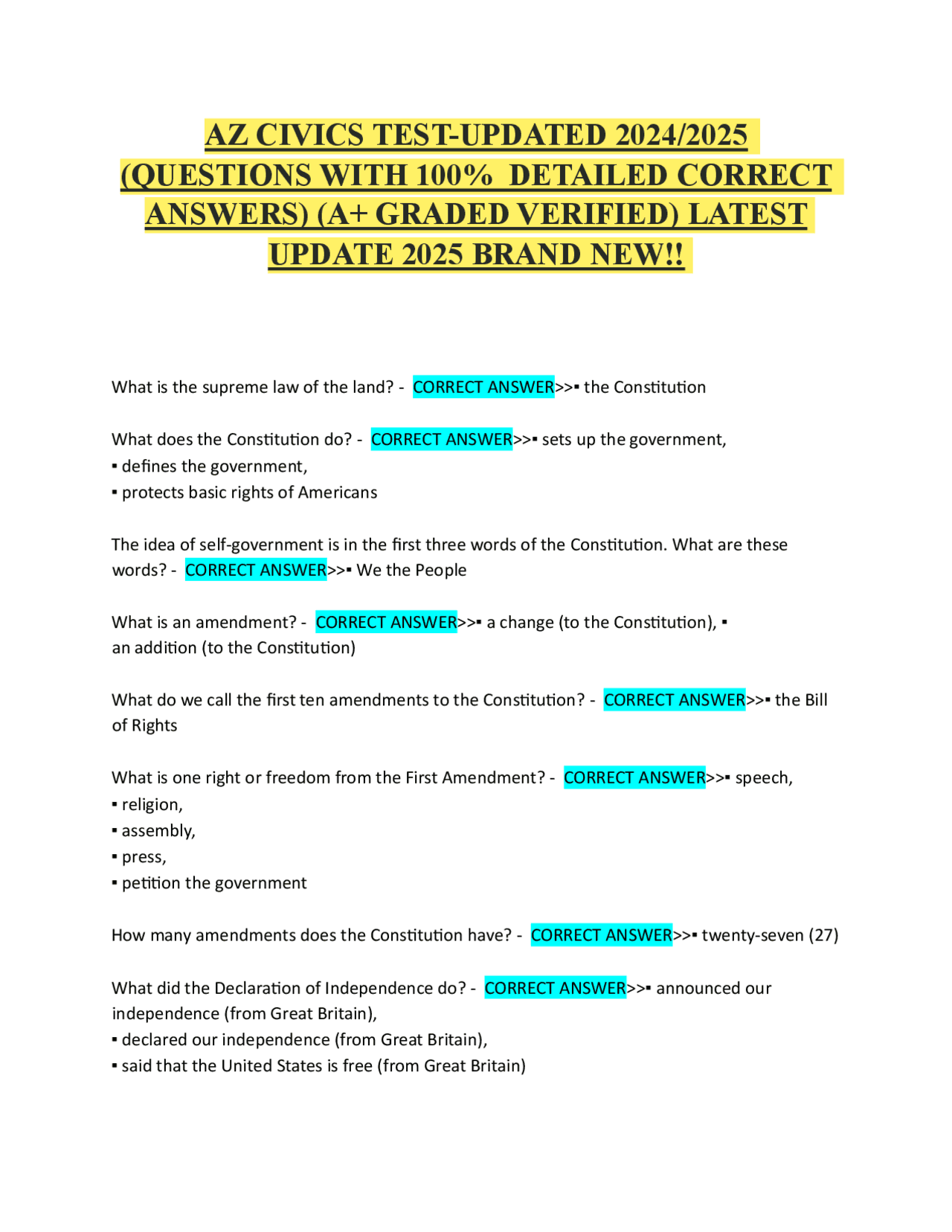 AZ CIVICS TEST-UPDATED 2024/2025 (QUESTIONS WITH 100% DETAILED CORRECT ...