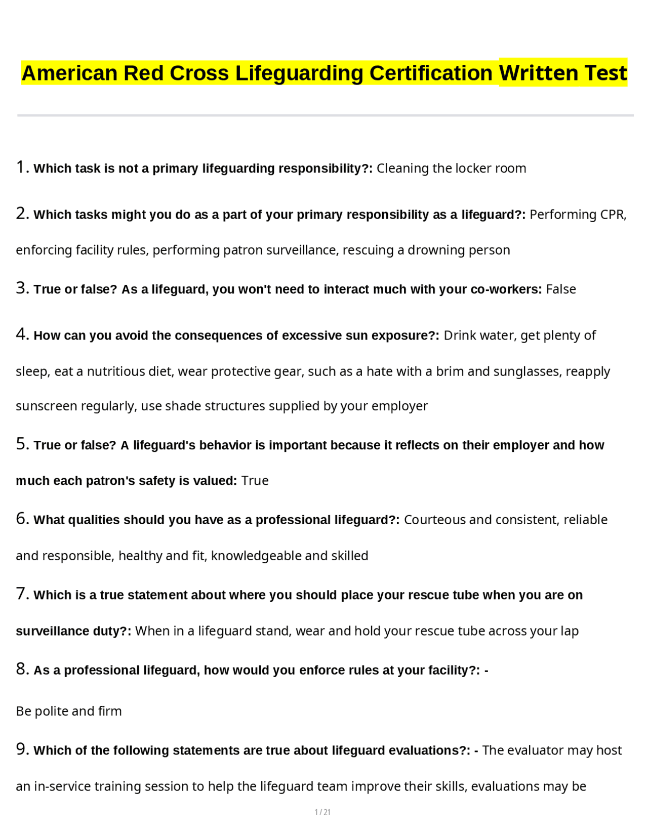 American Red Cross Lifeguarding Certification Written Test Questions ...