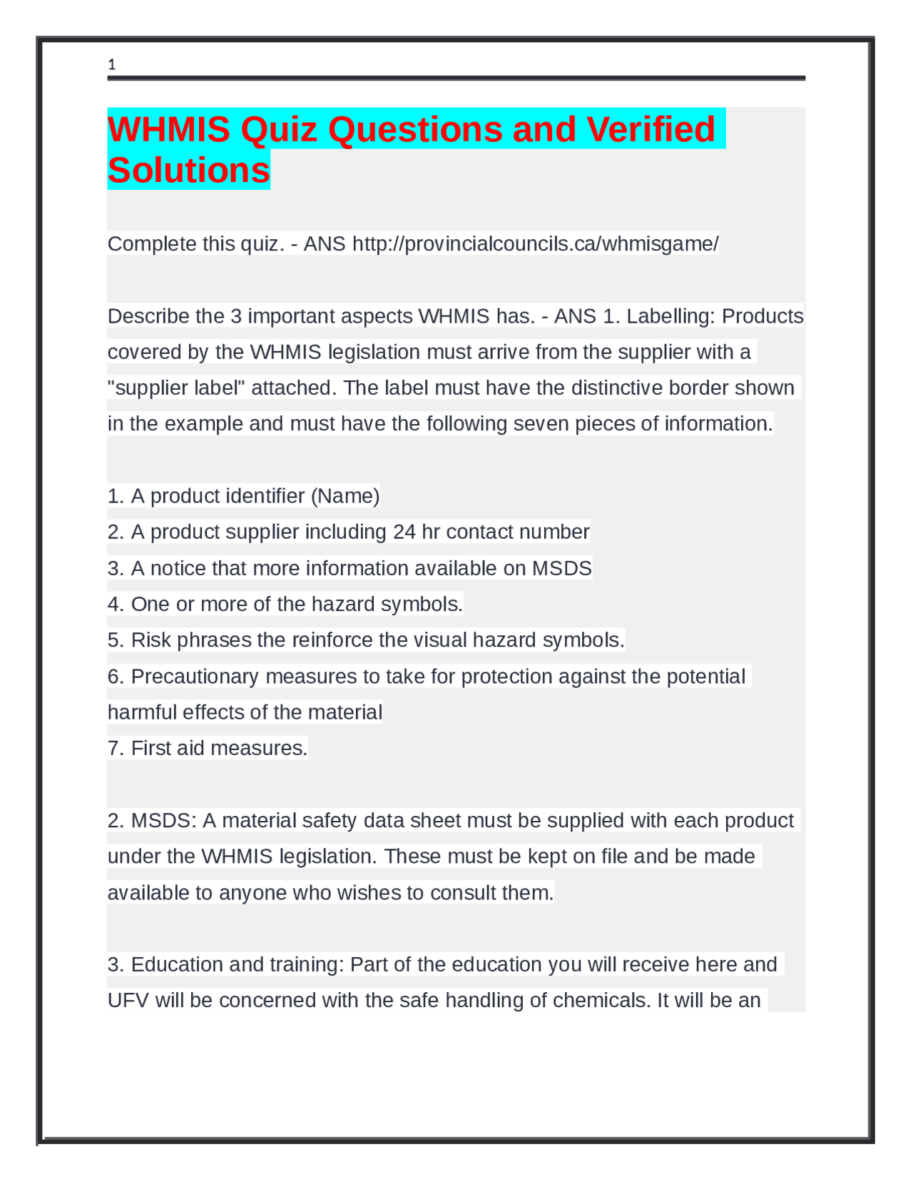 WHMIS Quiz: Questions and Answers for Workplace Safety | Exams ...