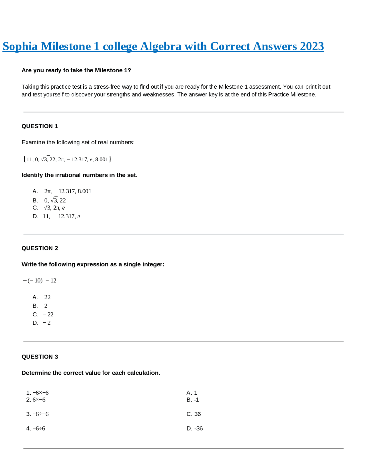 College Algebra Practice Milestone 1: Questions and Answers | Exams ...