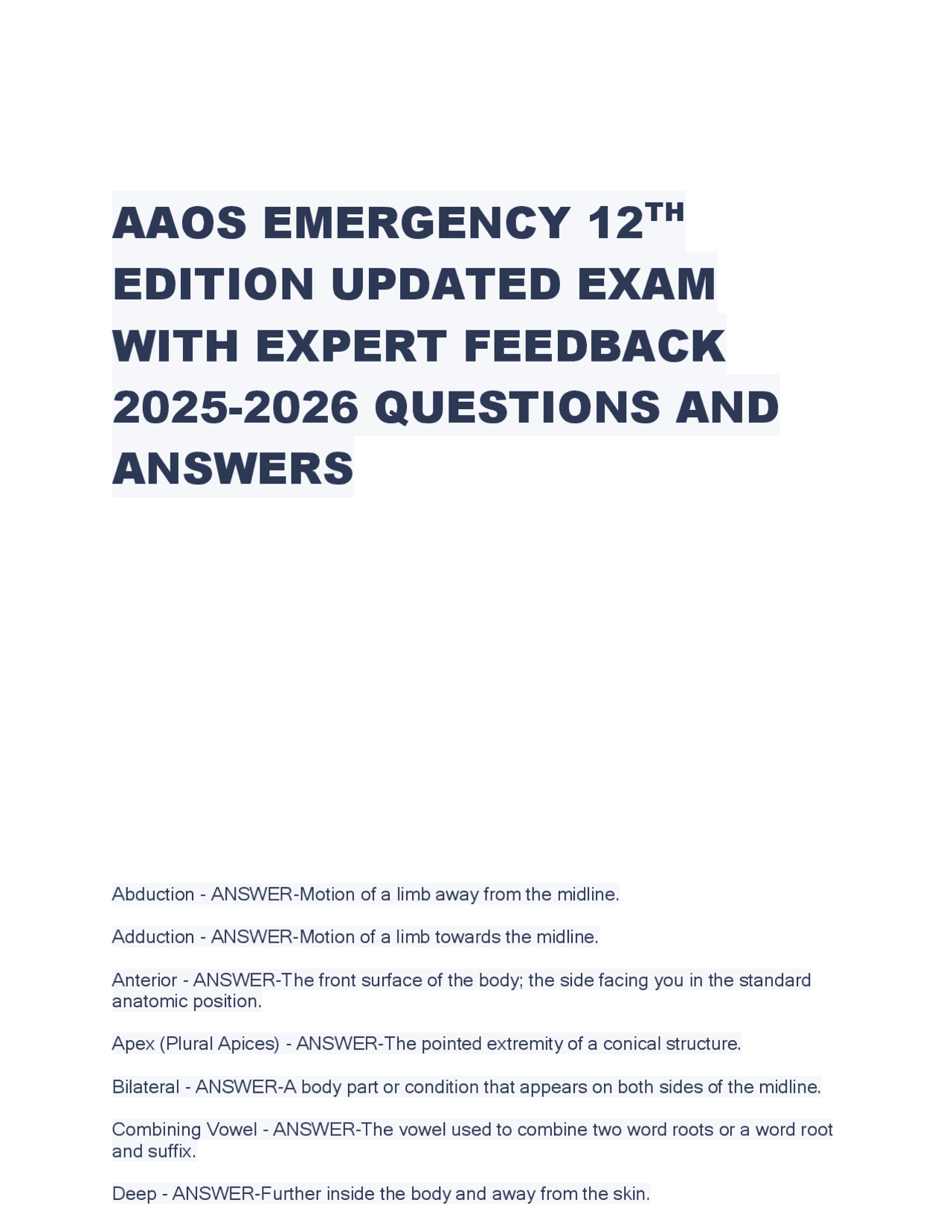 AAOS EMERGENCY 12TH EDITION UPDATED EXAM WITH EXPERT FEEDBACK 2025-2026 ...