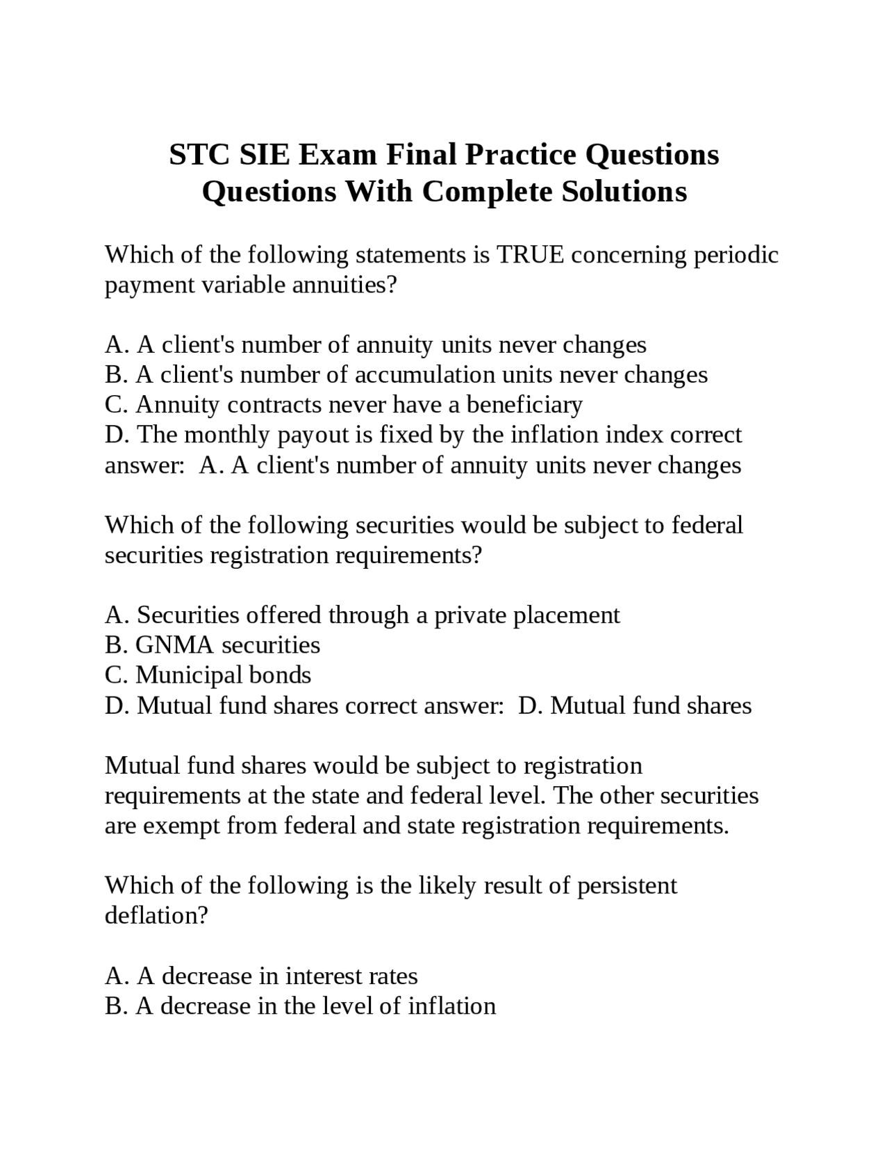 STC SIE Exam Final Practice Questions with Solutions | Exams Nursing | Docsity