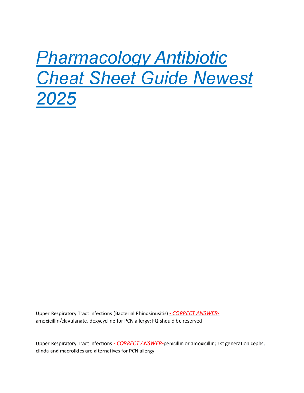Pharmacology Antibiotic Cheat Sheet Guide Newest 2025 | Exams Nursing ...