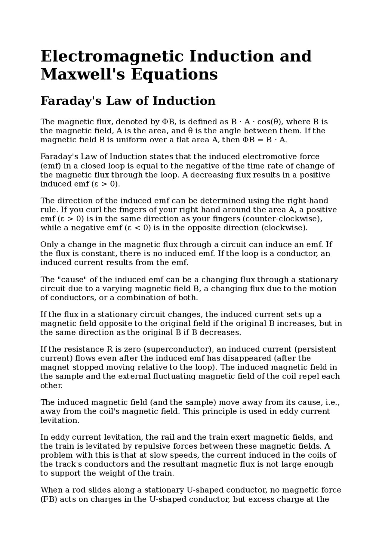 Summary, Electromagnetism: Faraday's Law, Induced EMF, and Maxwell's ...