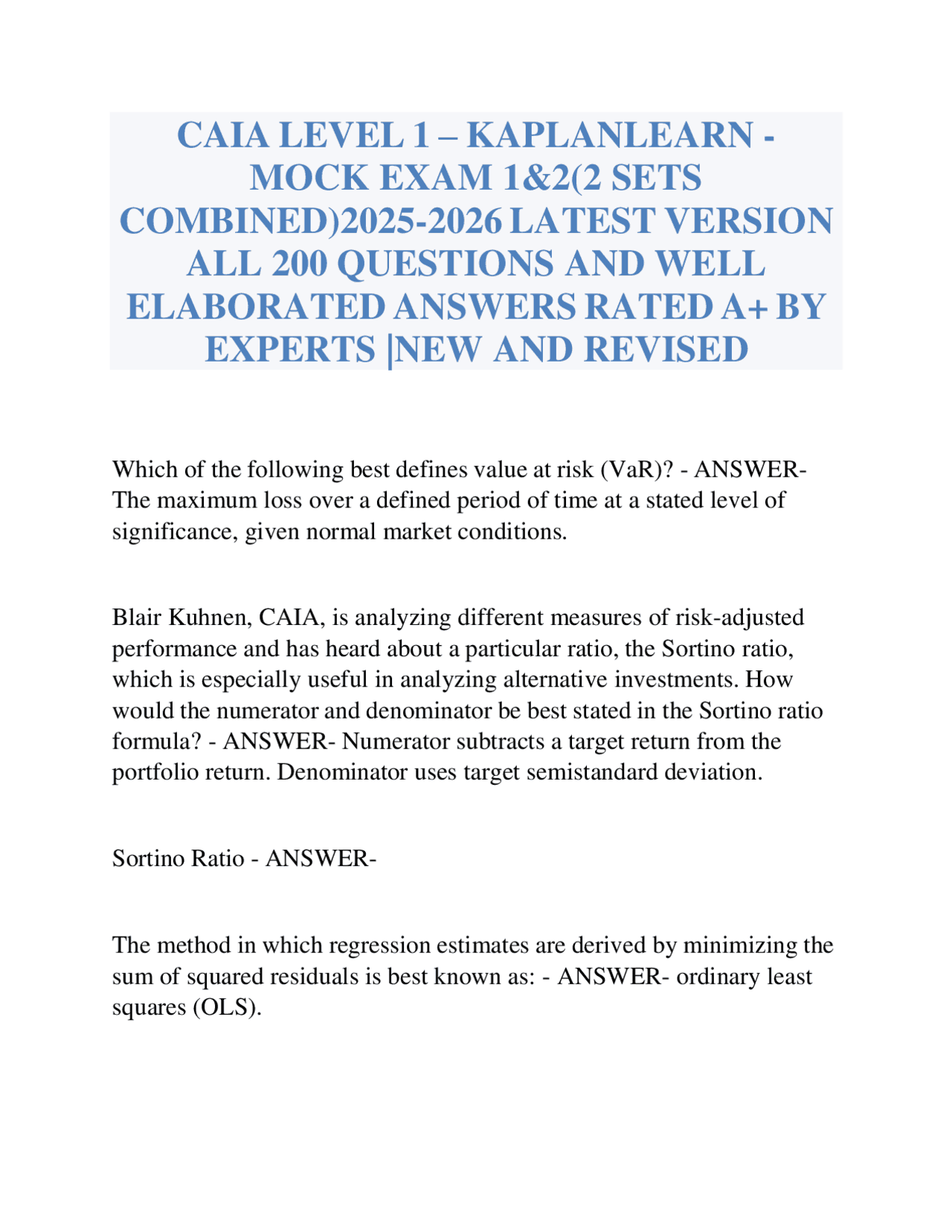 CAIA LEVEL 1 – KAPLANLEARN - MOCK EXAM 1&2(2 SETS COMBINED)2025-2026 ...