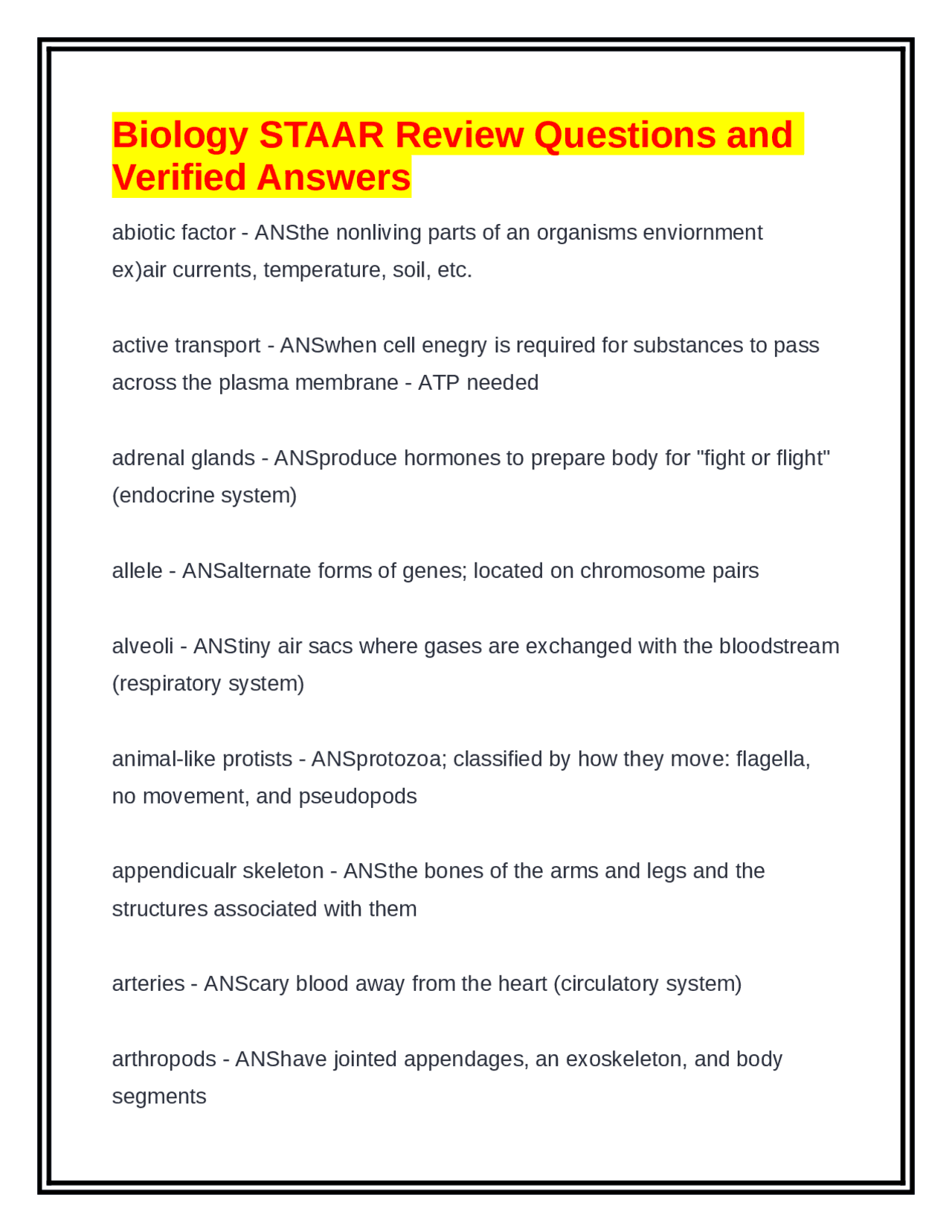 Biology STAAR Review Questions and Verified Answers | Exams Biology ...