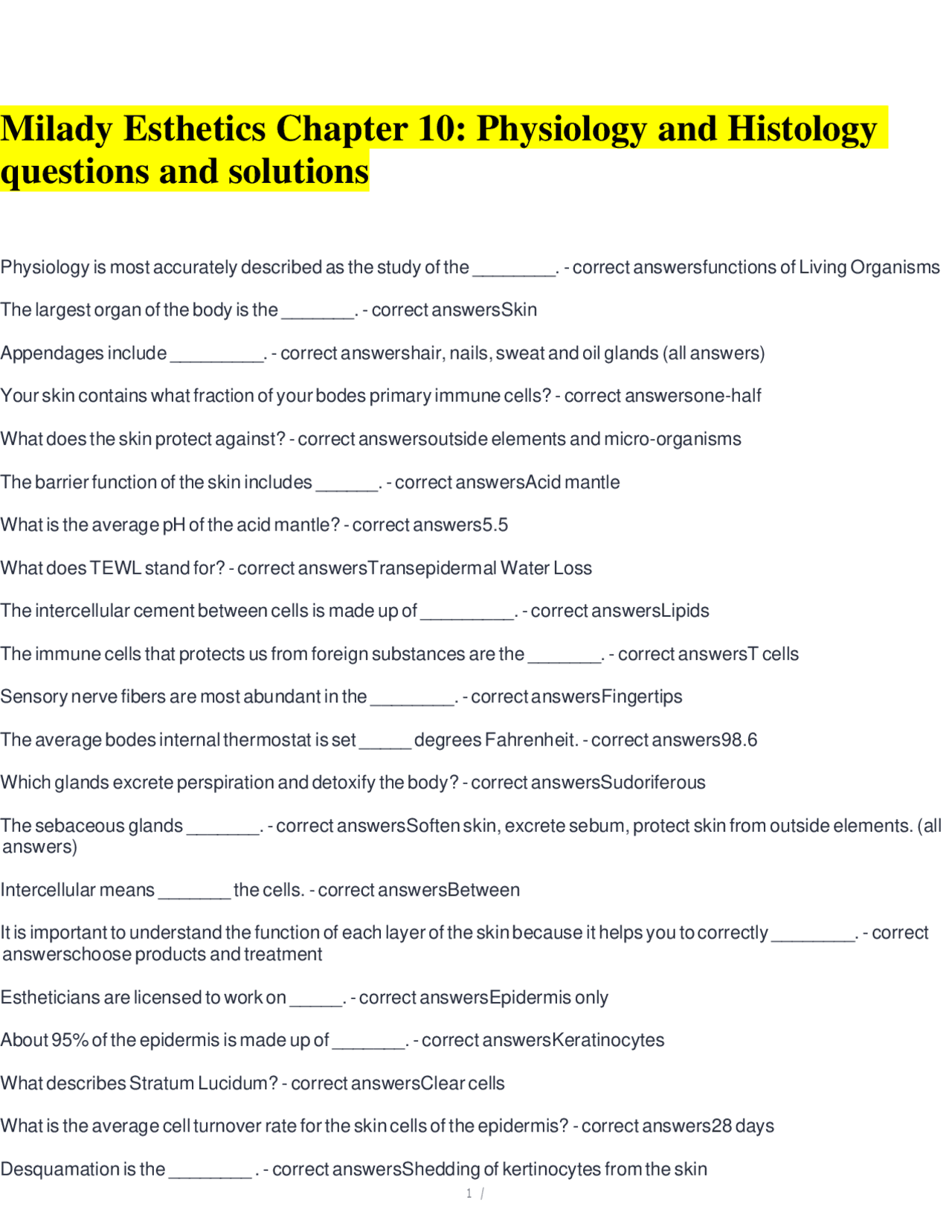 Milady Esthetics Chapter 10: Physiology and Histology questions and ...