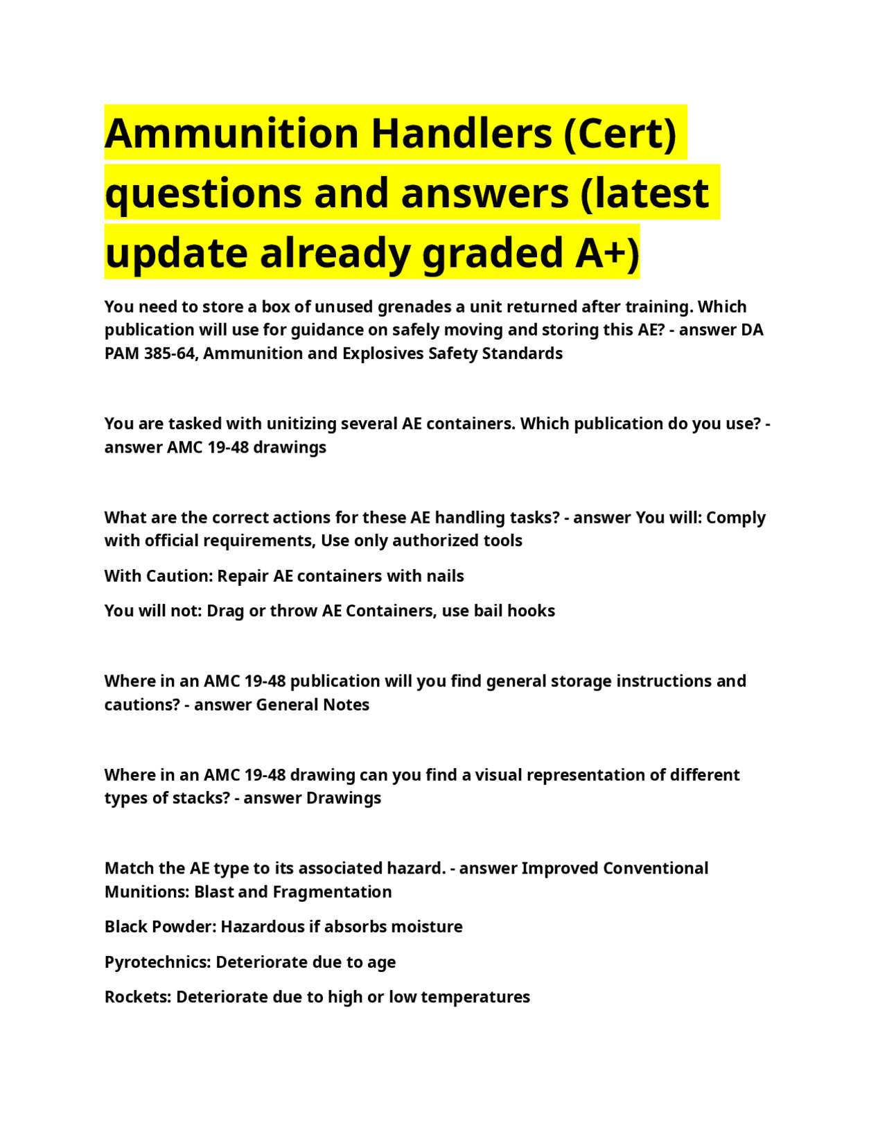 Ammunition Handlers (Cert) questions and answers (latest update already ...