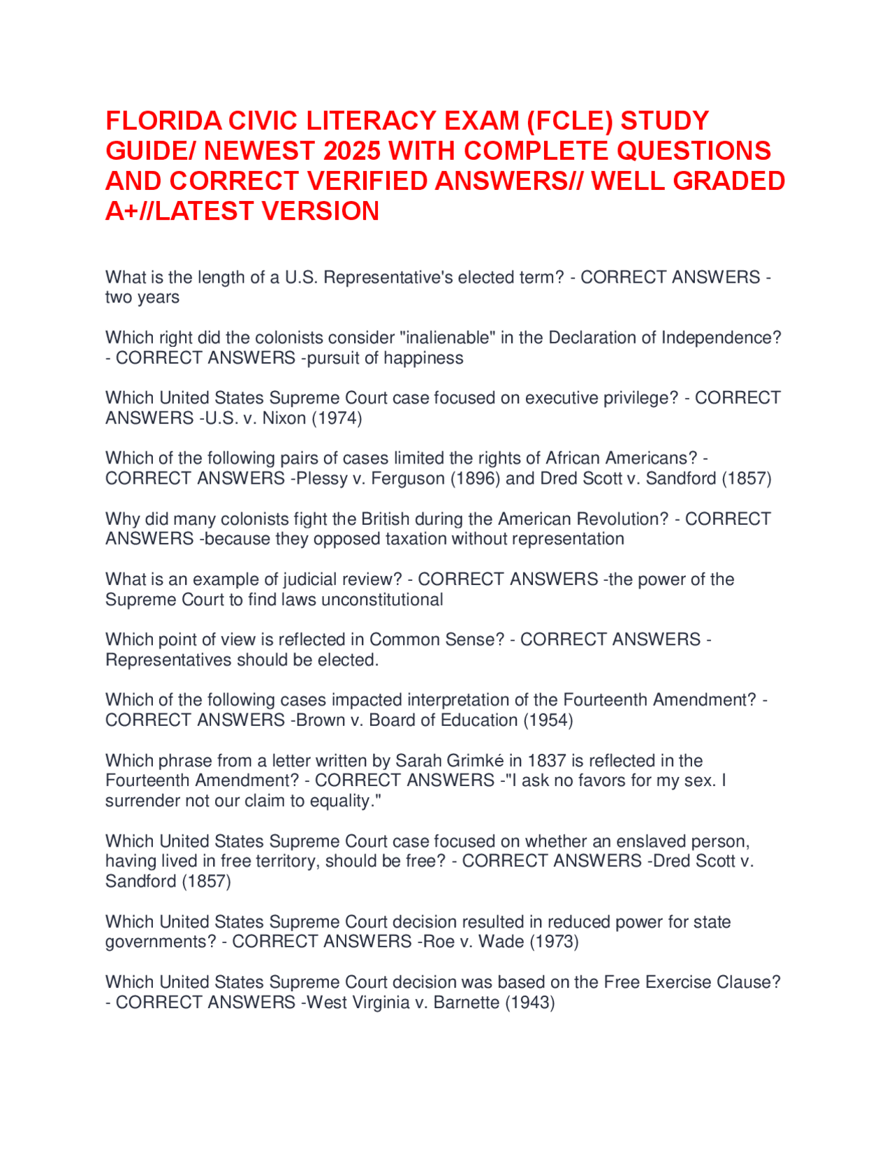 FLORIDA CIVIC LITERACY EXAM.pdf | Exams Nursing | Docsity