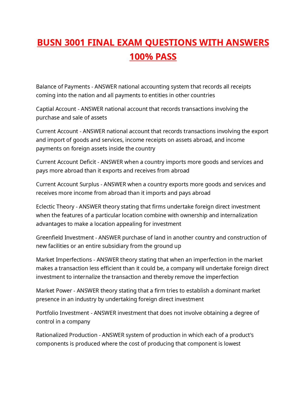 BUSN 3001 FINAL EXAM QUESTIONS WITH ANSWERS 100% PASS. | Exams Advanced Education | Docsity