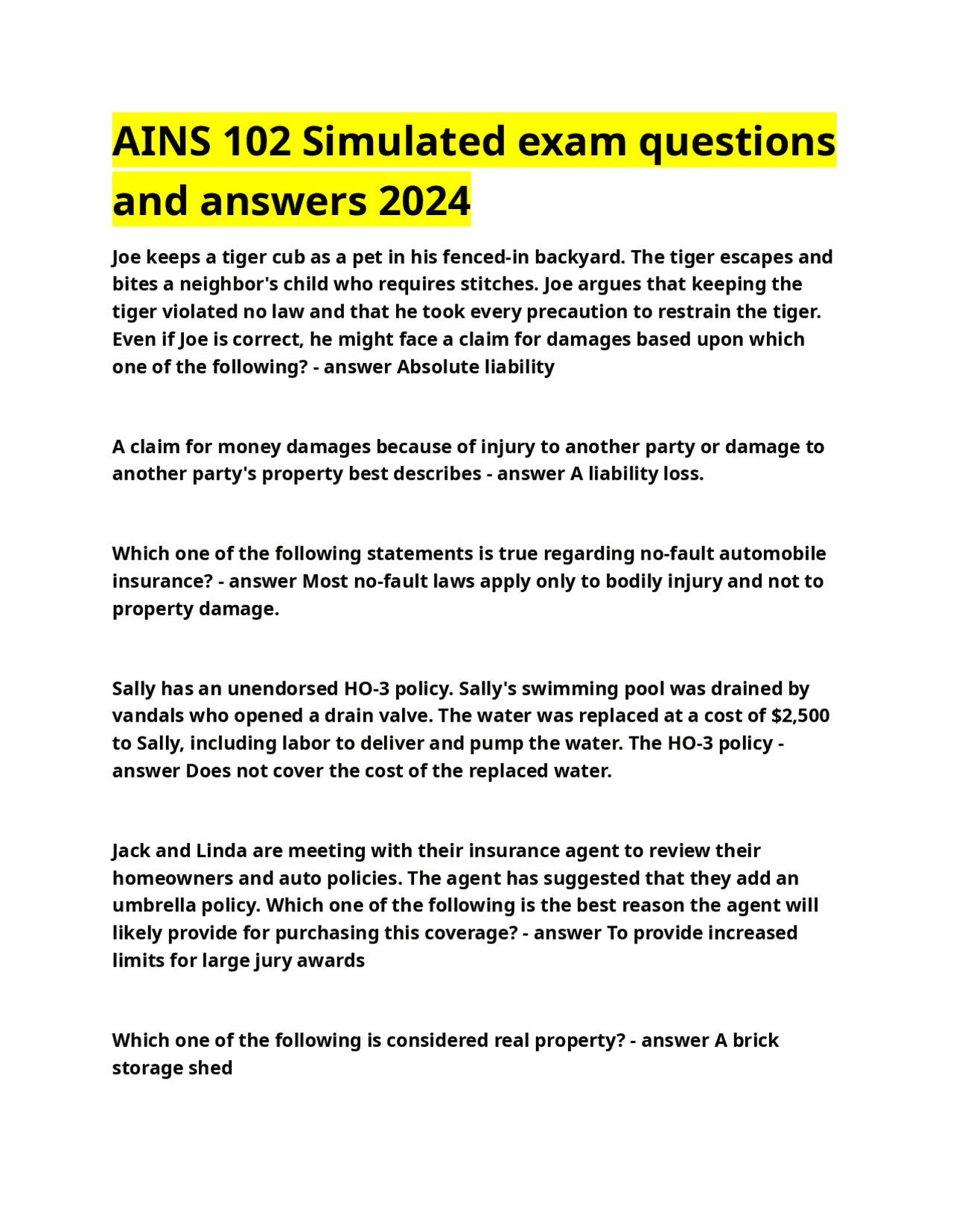 AINS 102 Simulated Exam Questions and Answers 2024: Insurance ...