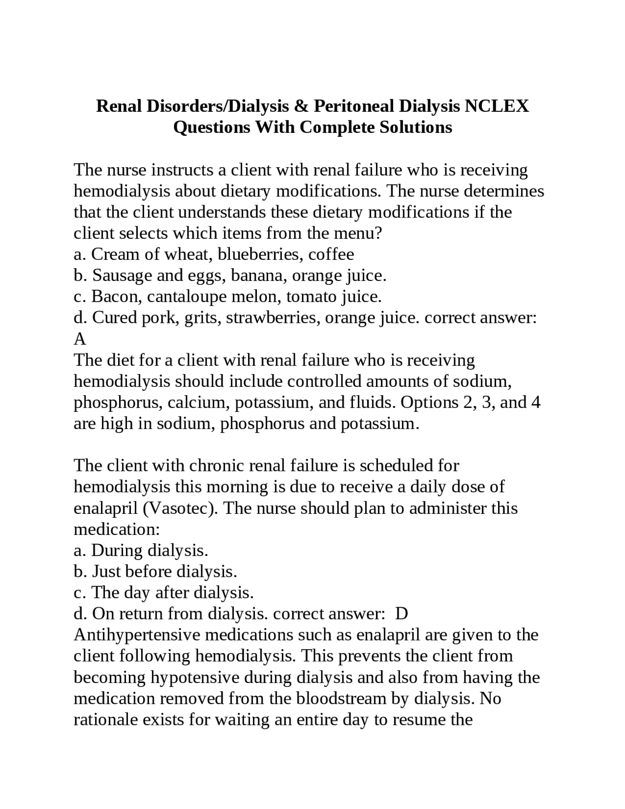 Renal Disorders/Dialysis & Peritoneal Dialysis NCLEX Questions With ...