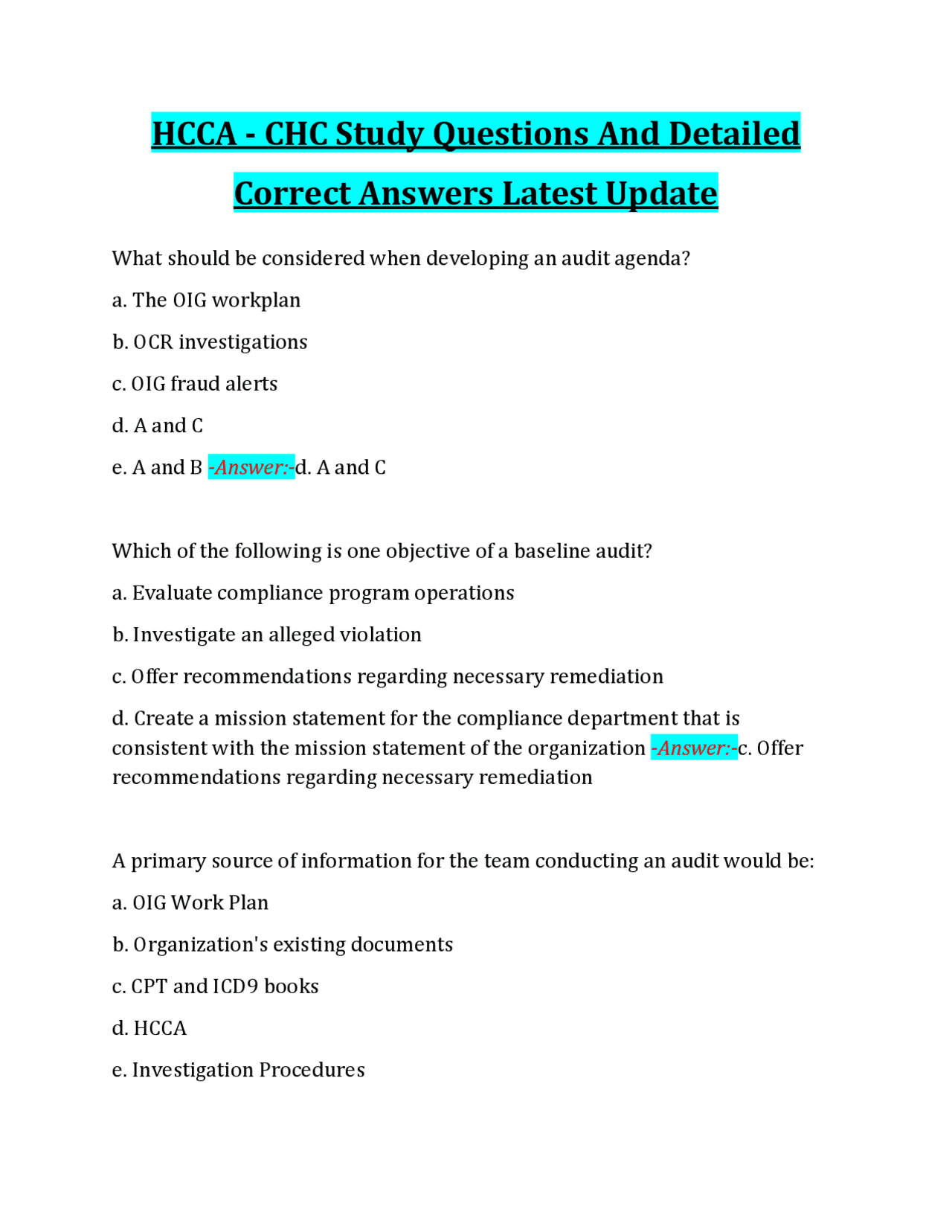 HCCA - CHC Study Questions And Detailed Correct Answers Latest Update ...