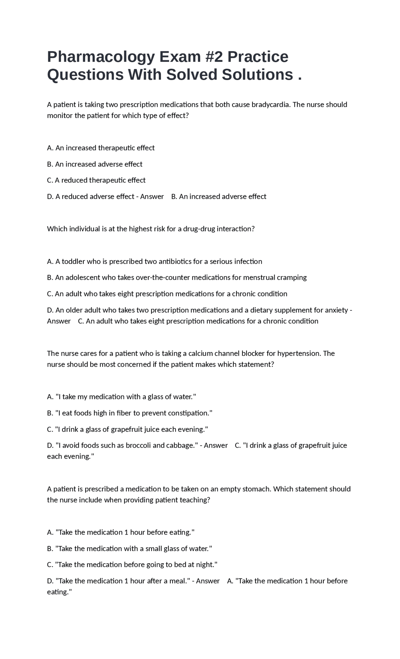 Pharmacology Exam #2 Practice Questions With Solved Solutions . | Exams ...