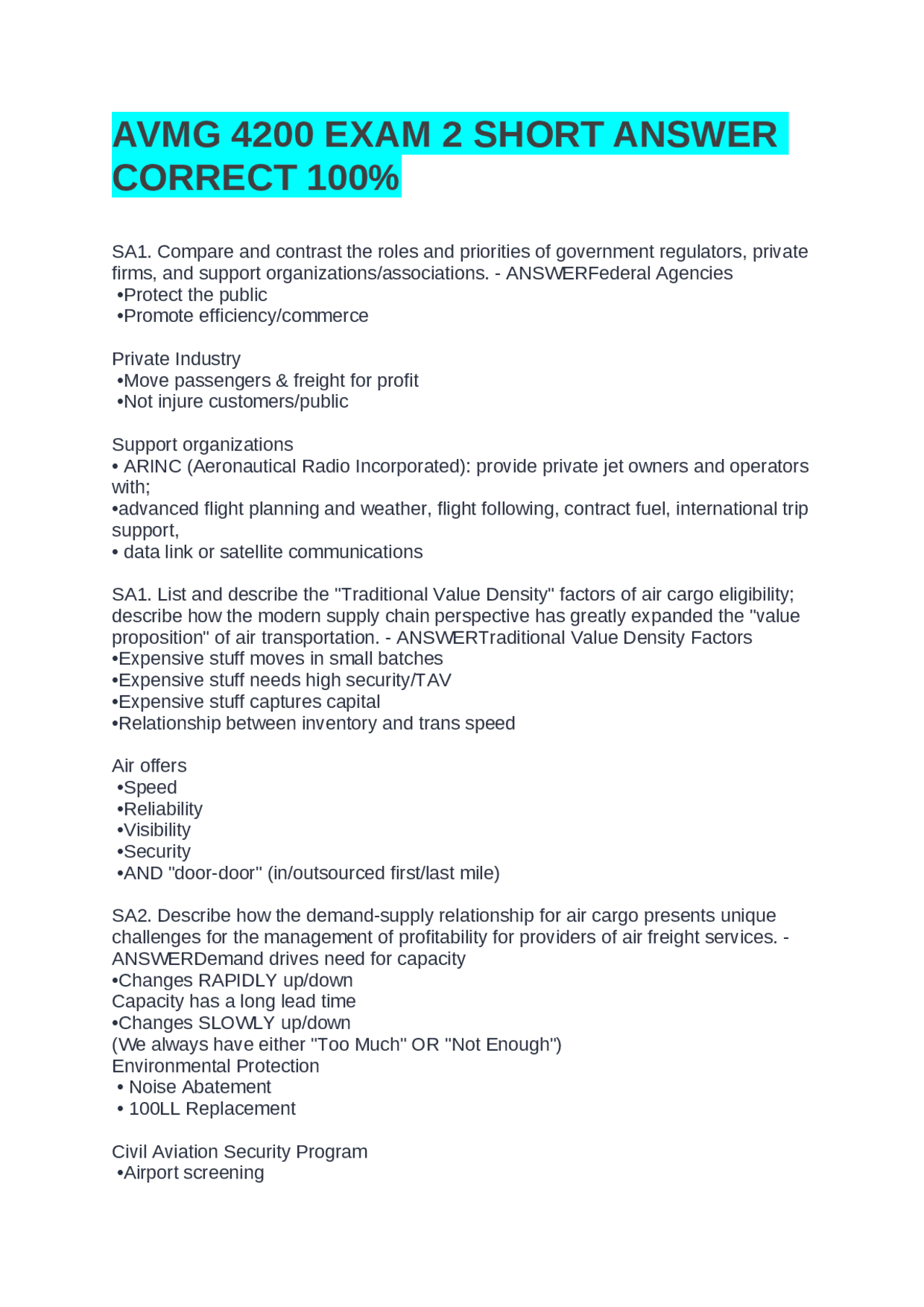 AVMG 4200 EXAM 2 SHORT ANSWER CORRECT 100% | Exams Economics | Docsity