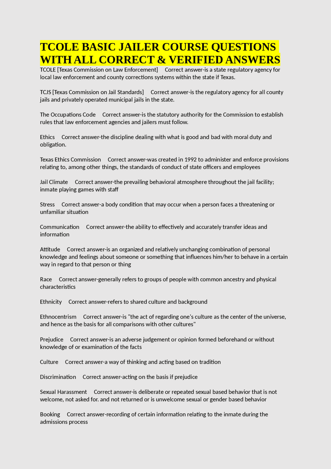 TCOLE Basic Jailer Course Questions and Answers: A Comprehensive Guide ...