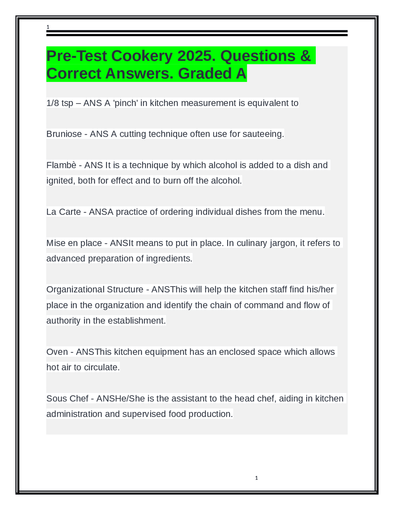 Pre-Test Cookery 2025. Questions & Correct Answers. Graded A | Exams ...