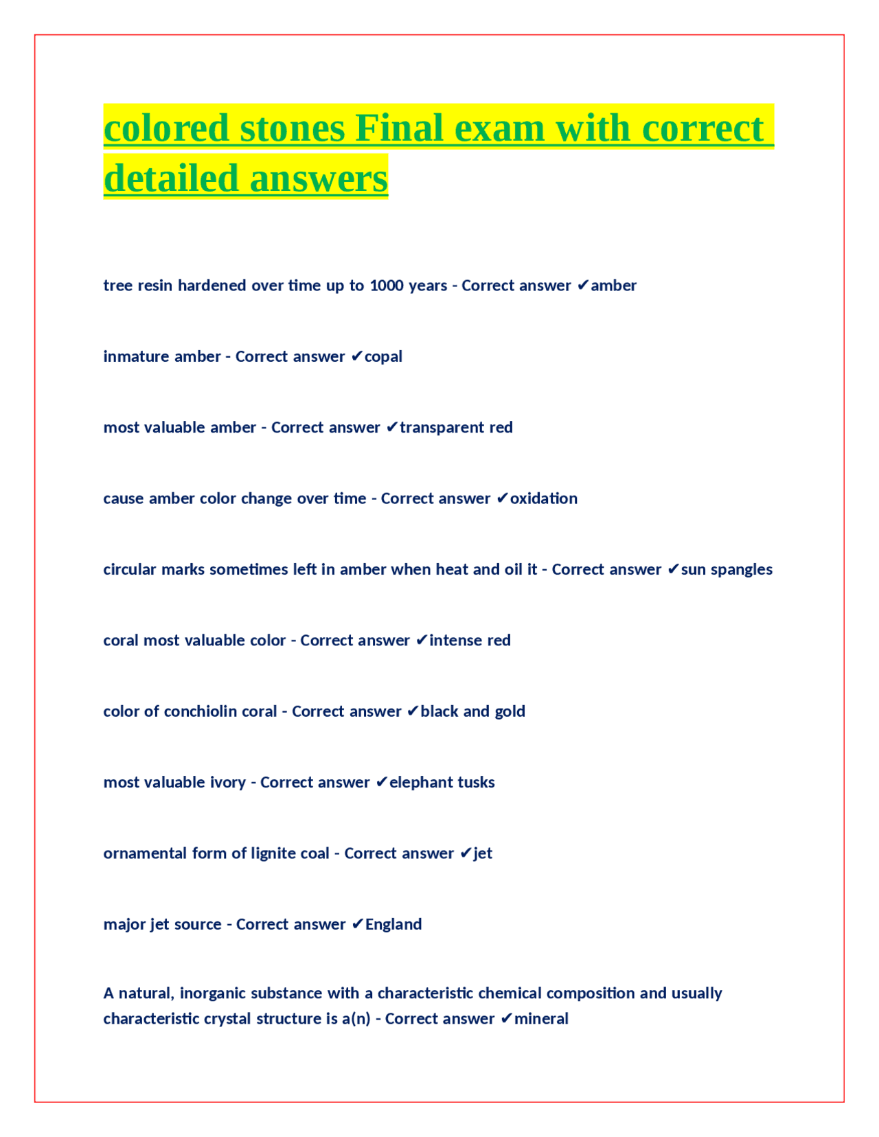 colored stones Final exam with correct detailed answers | Exams Mining ...