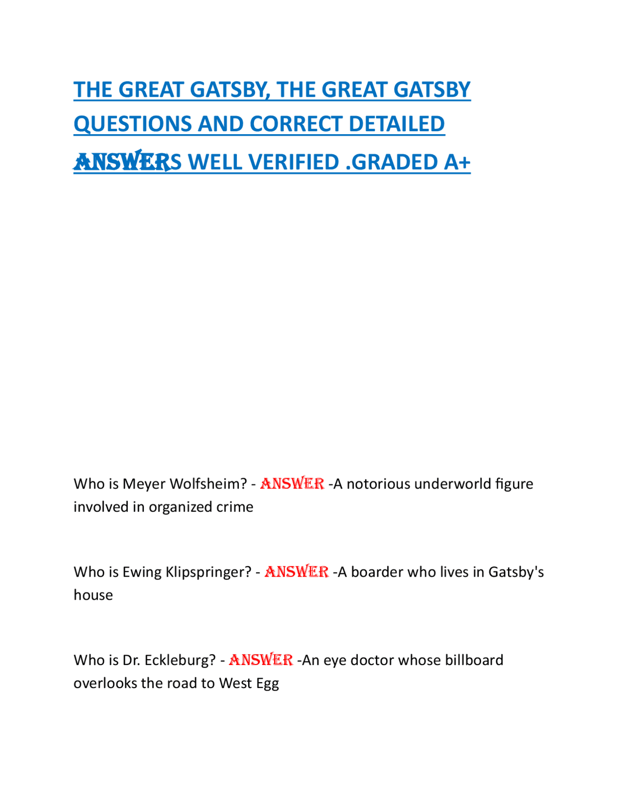 THE GREAT GATSBY, THE GREAT GATSBY QUESTIONS AND CORRECT DETAILED ANSWERS WELL VERIFIED .G ...