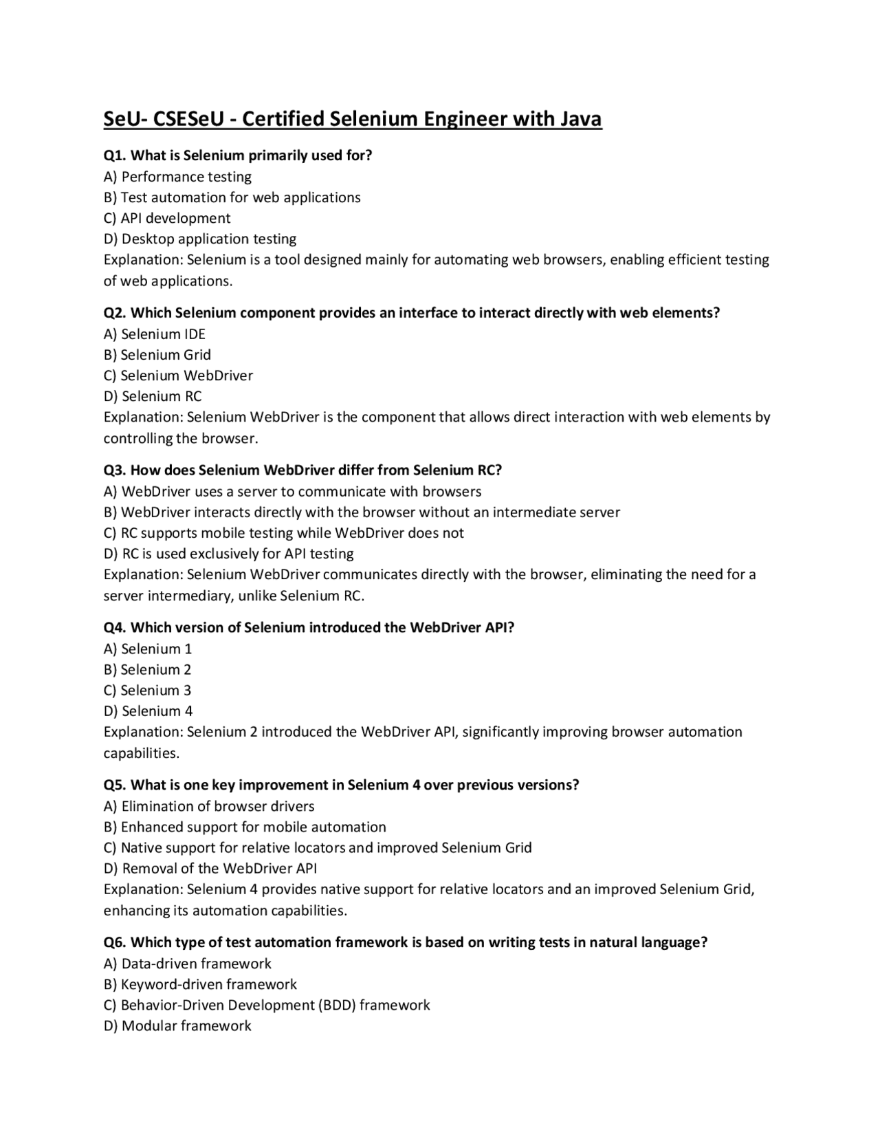 SeU-CSESeU - Certified Selenium Engineer with Java | Exams Technology | Docsity