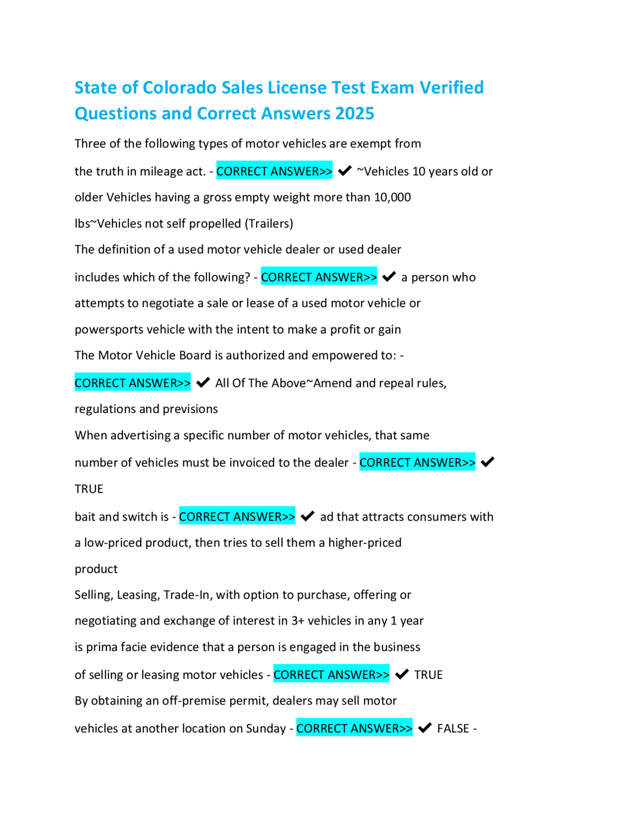 State of Colorado Sales License Test Exam Verified Questions and ...