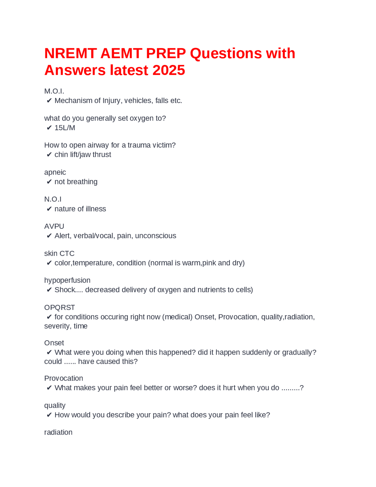 NREMT AEMT Prep Questions and Answers 2025: A Comprehensive Guide | Exams Medicine | Docsity