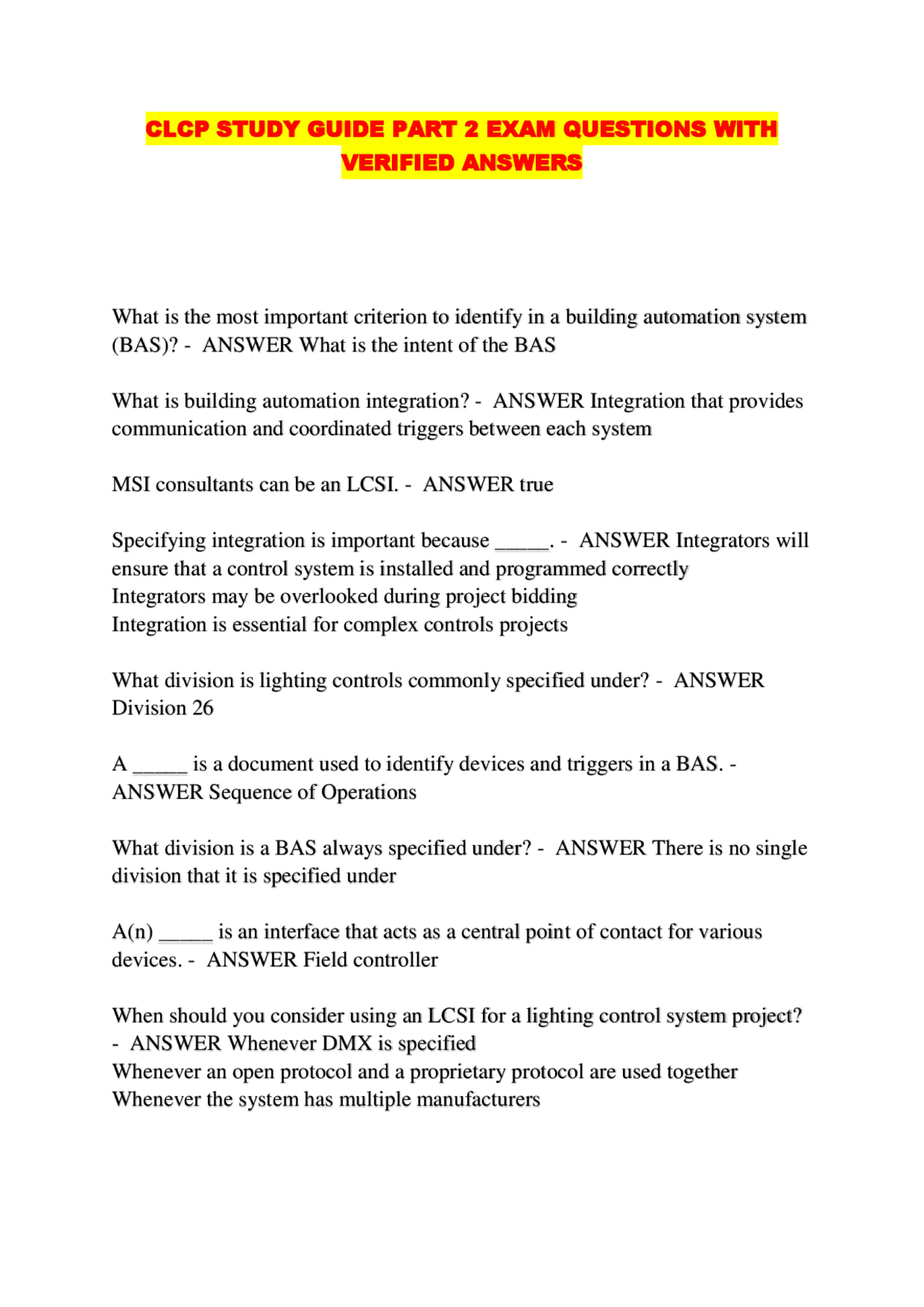 CLCP STUDY GUIDE PART 2 EXAM QUESTIONS WITH VERIFIED ANSWERS | Exams Advanced Education | Docsity