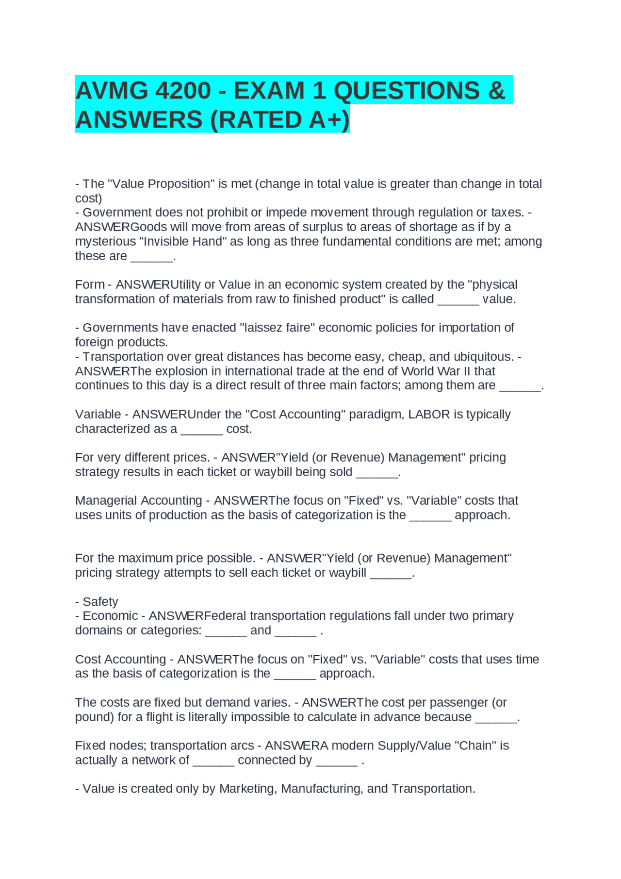 AVMG 4200 - EXAM 1 QUESTIONS & ANSWERS (RATED A+) | Exams Economics | Docsity