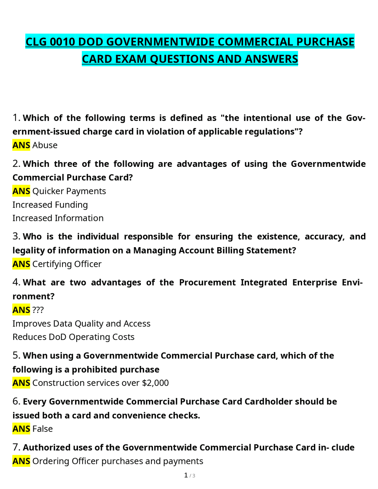 CLG 0010 DOD GOVERNMENTWIDE COMMERCIAL PURCHASE CARD EXAM QUESTIONS AND ...