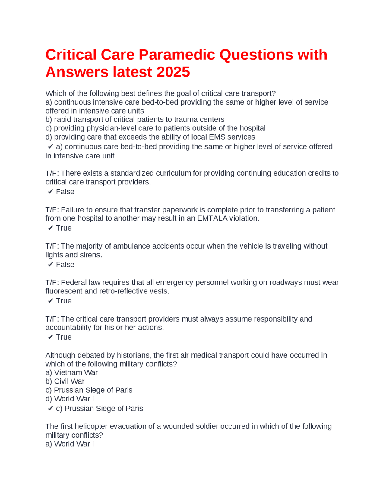 Critical Care Paramedic Questions with Answers latest 2025 | Exams ...