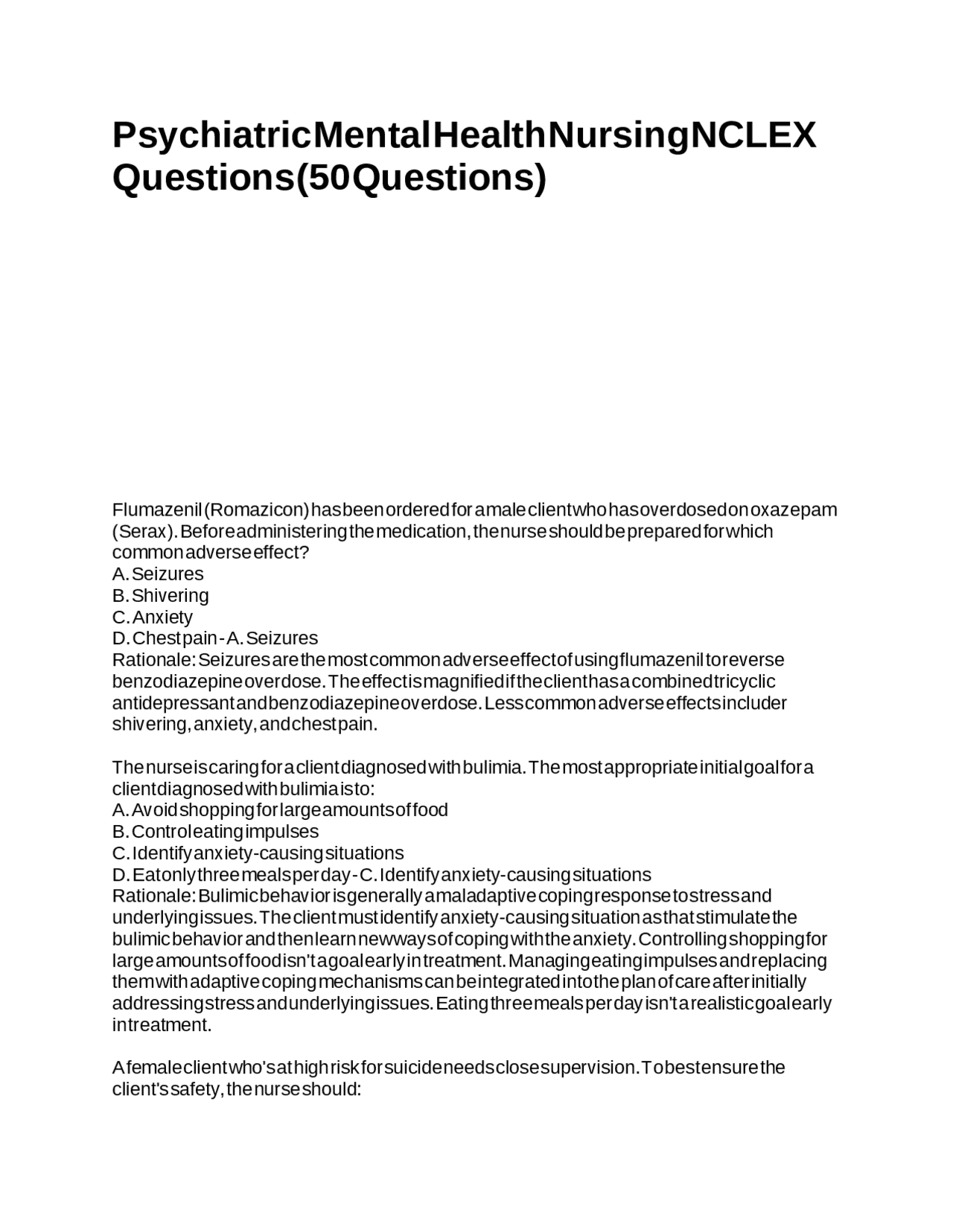 Psychiatric Mental Health Nursing NCLEX Questions and Answers | Exams ...