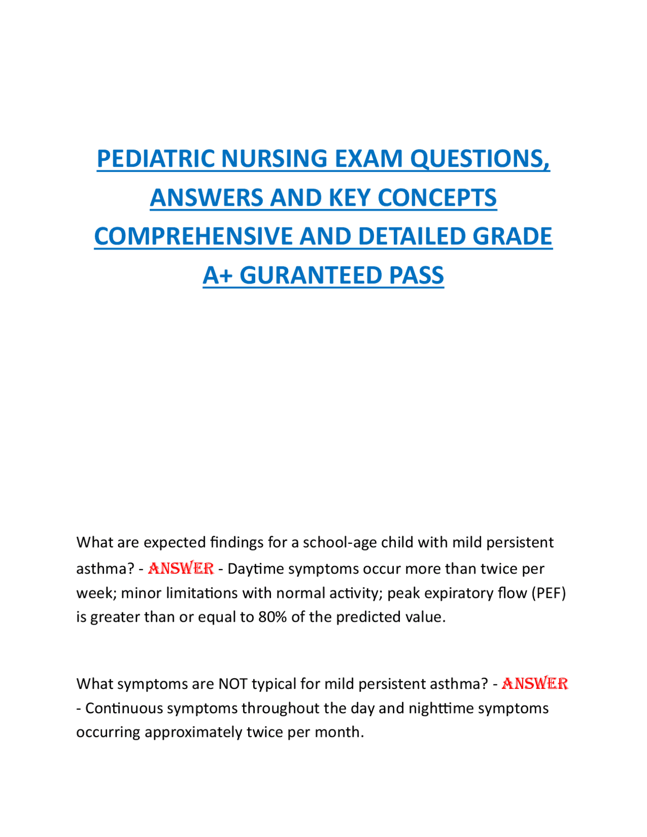 PEDIATRIC NURSE PRACTITIONER EXAM PRACTICE QUESTIONS AND ANSWERS ...