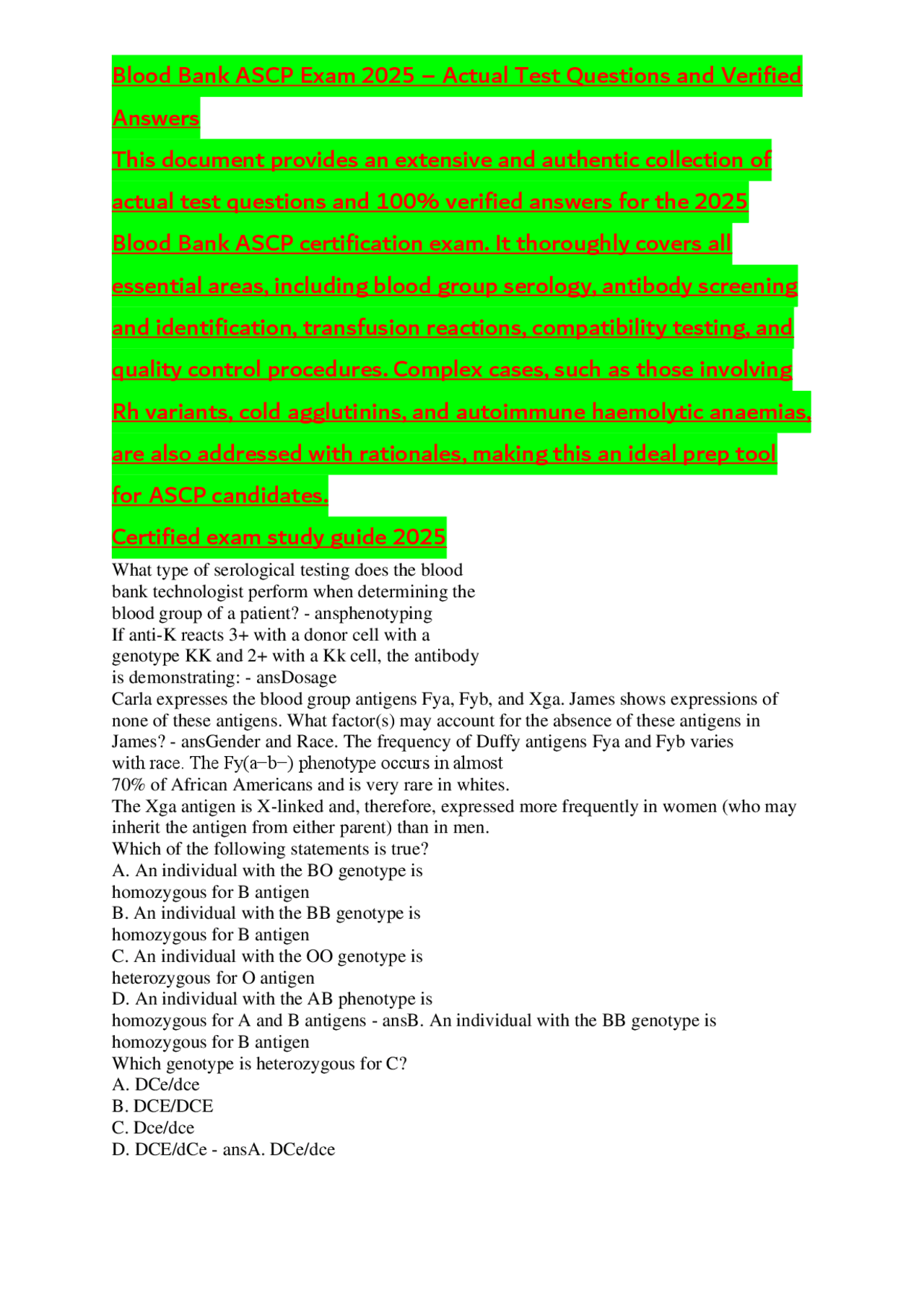 Blood Bank ASCP Exam 2025 – Actual Test Questions and Verified Answers ...