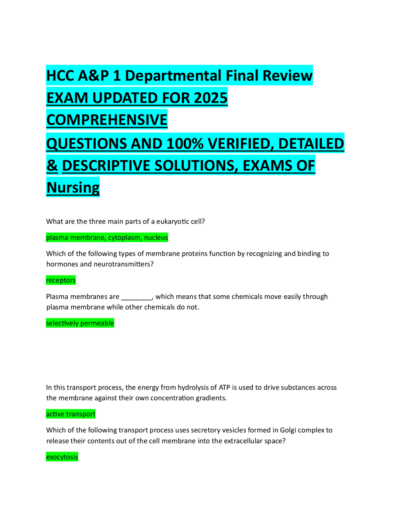 HCC A&P 1 Departmental Final Review EXAM UPDATED FOR 2025 COMPREHENSIVE QUESTIONS AND | Exams ...