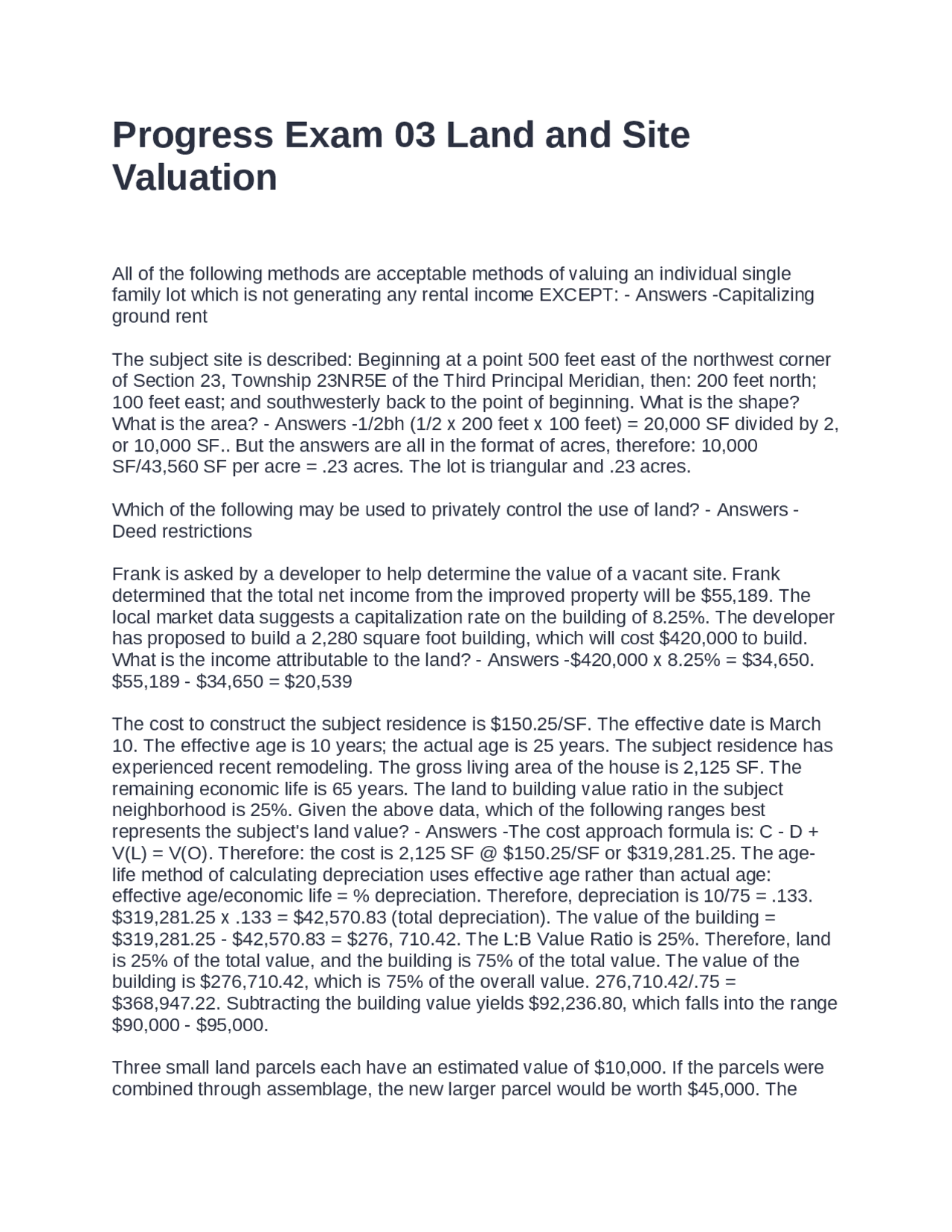 Land and Site Valuation: Exercises and Solutions | Exams Business ...