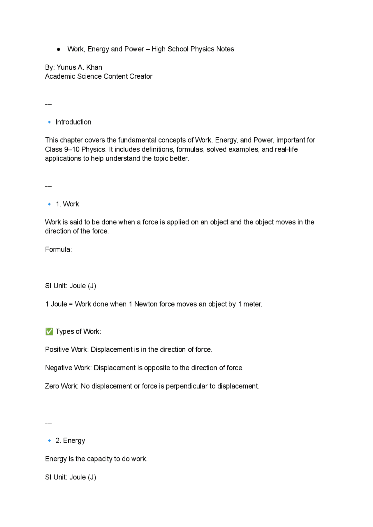 Work, Energy and Power – High School Physics Notes | Summaries Physics ...