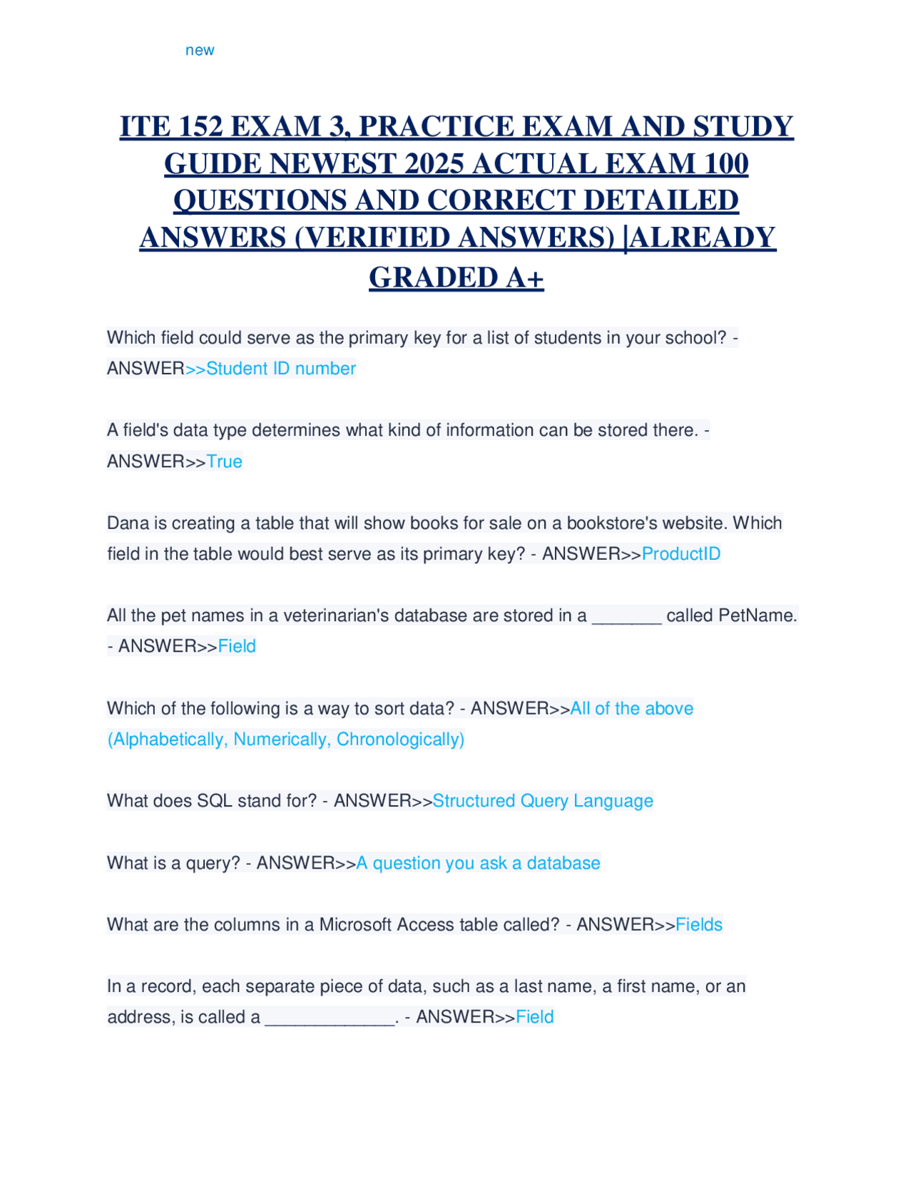 ITE 152 EXAM 3, PRACTICE EXAM AND STUDY GUIDE NEWEST 2025 ACTUAL EXAM 300 QUESTIONS AN | Exams ...