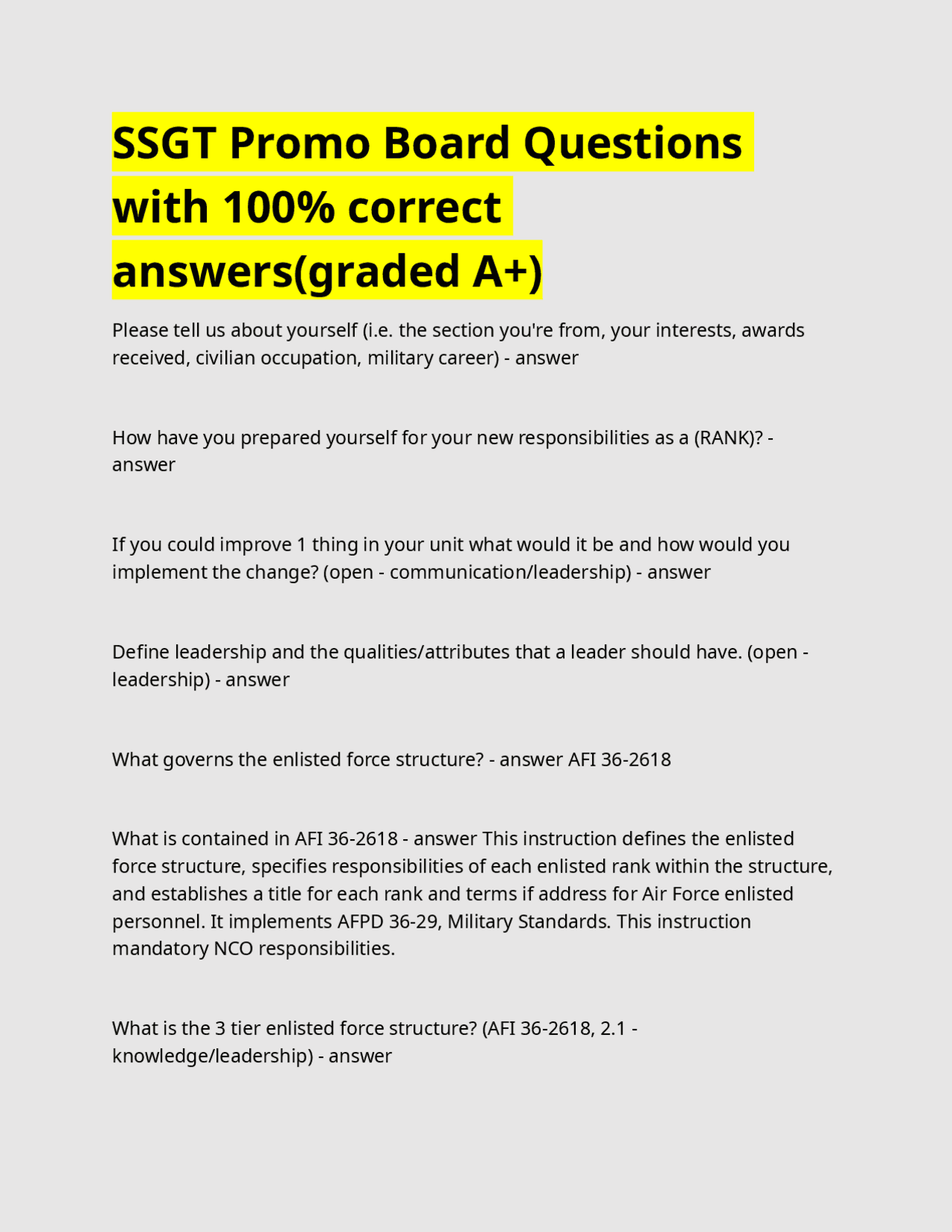 SSGT Promo Board Questions with 100% correct answers(graded A+).docx ...