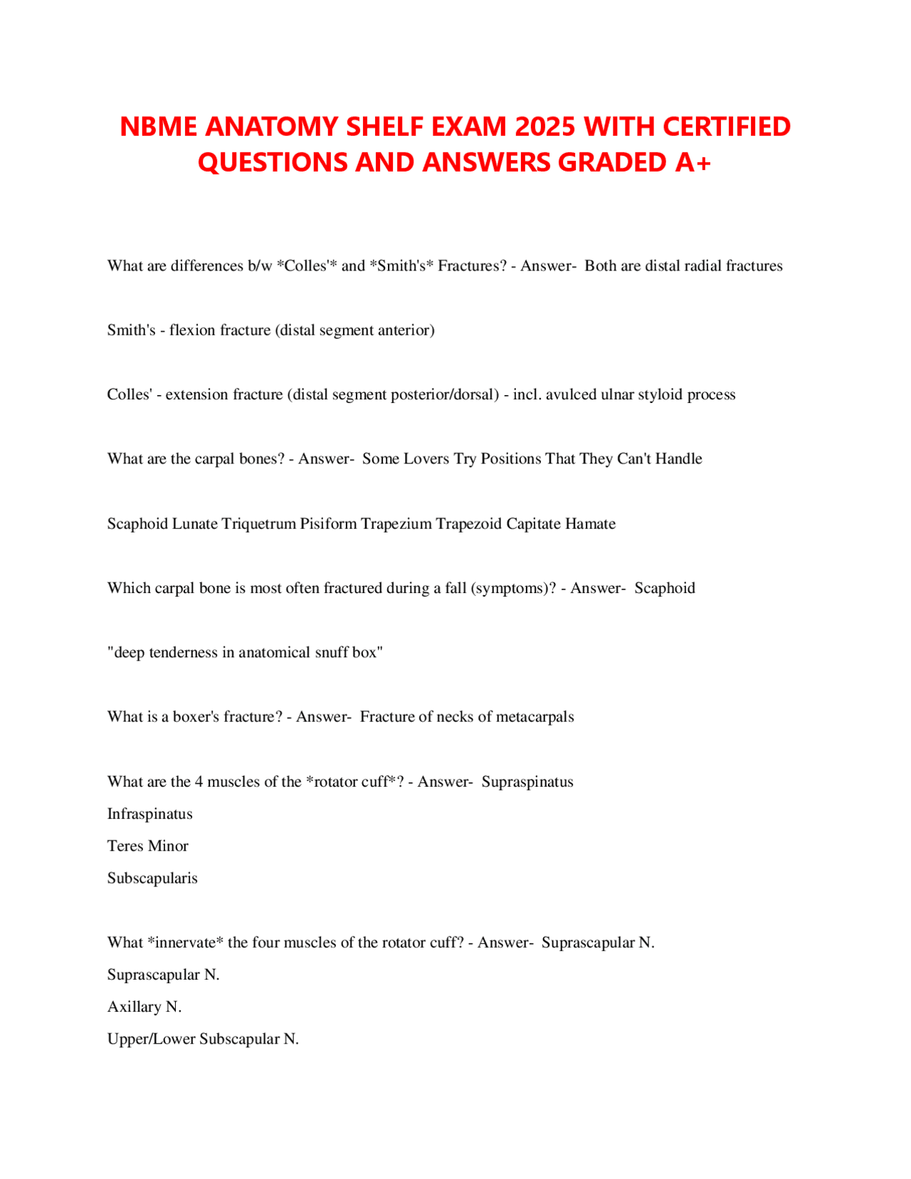 NBME ANATOMY SHELF EXAM 2025 WITH CERTIFIED QUESTIONS AND ANSWERS ...