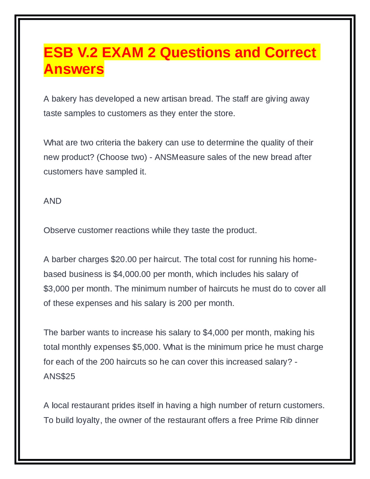 ESB V.2 EXAM 2 Questions and Correct Answers | Exams Business ...