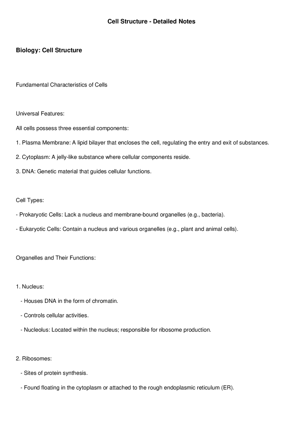 Brief explanation of cell structure | Study notes Biology | Docsity