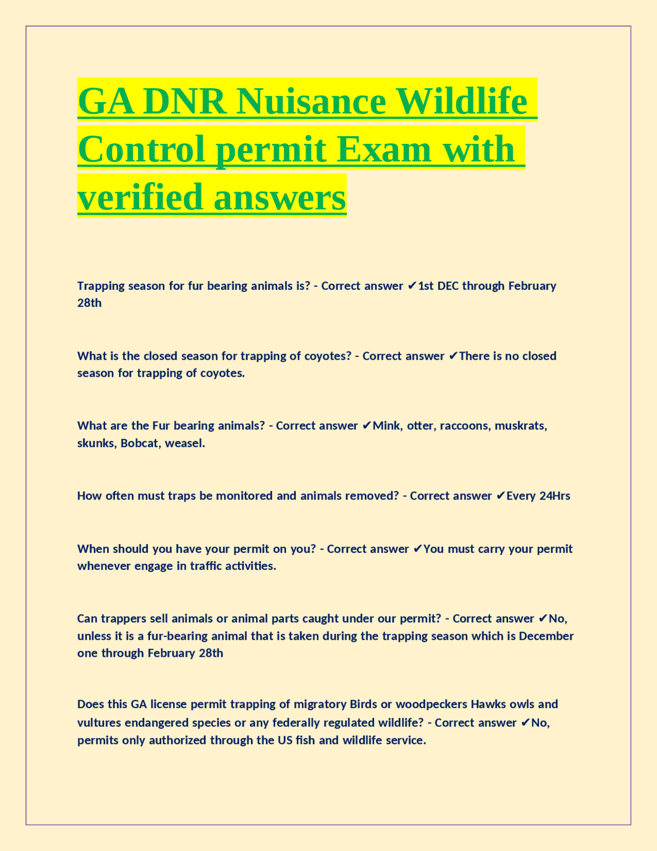 GA DNR Nuisance Wildlife Control permit Exam with verified answers ...