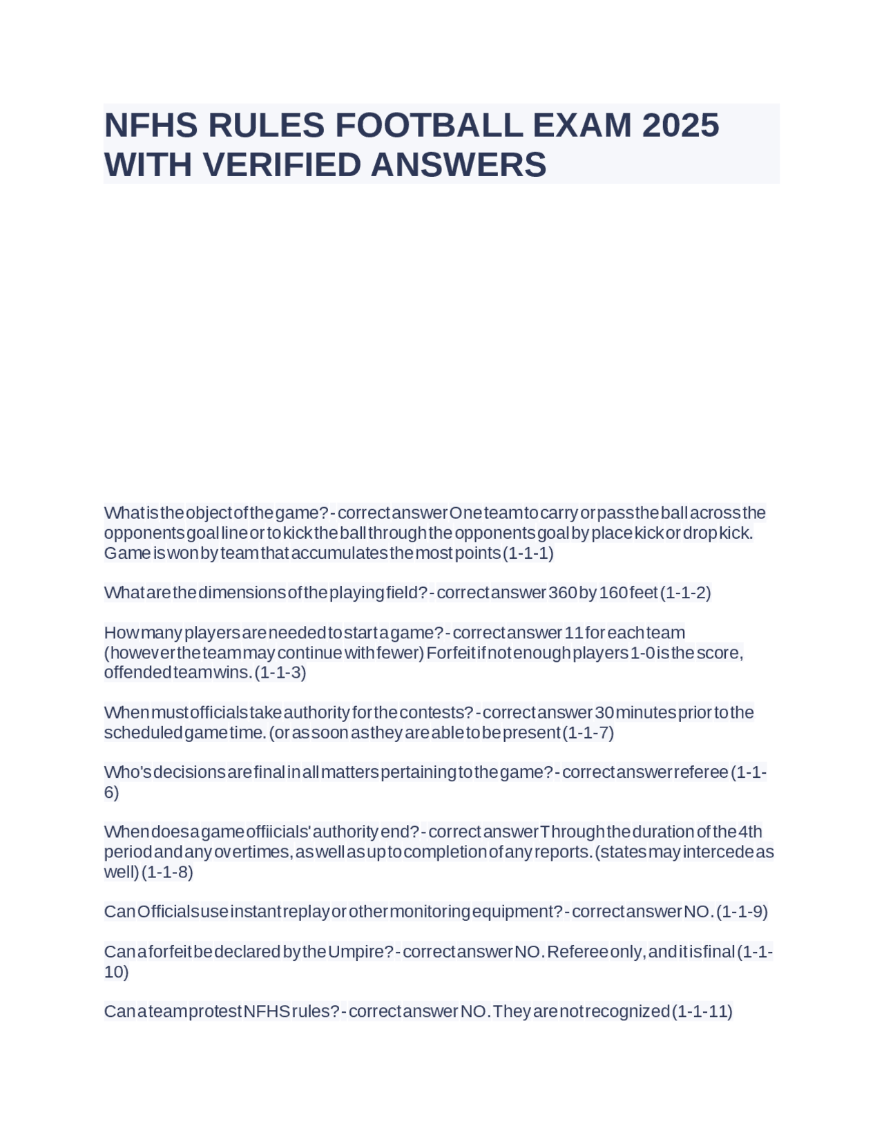 NFHS RULES FOOTBALL EXAM 2025 WITH VERIFIED ANSWERS. | Exams Physical ...