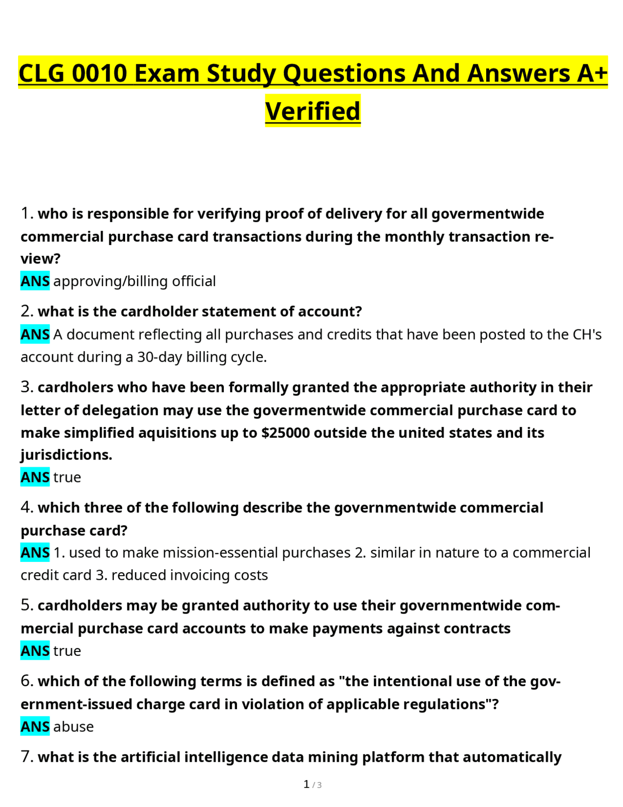 CLG 0010 Exam Study Questions And Answers A+ Verified | Exams ...