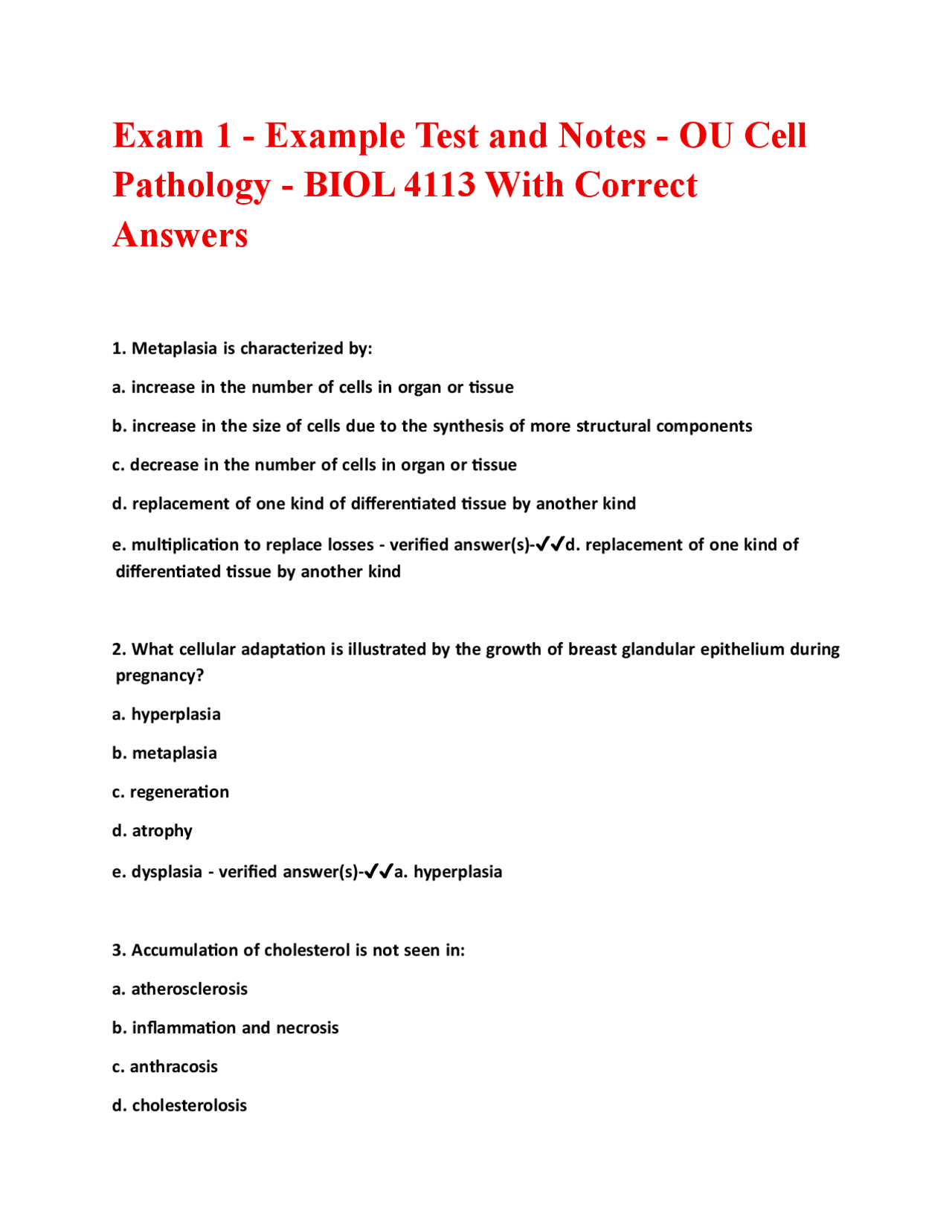 Exam 1 - Example Test and Notes - OU Cell Pathology - BIOL 4113 With ...