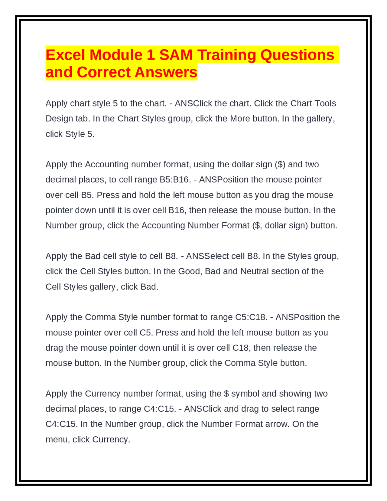 Excel Module 1 SAM Training Questions and Correct Answers | Exams ...