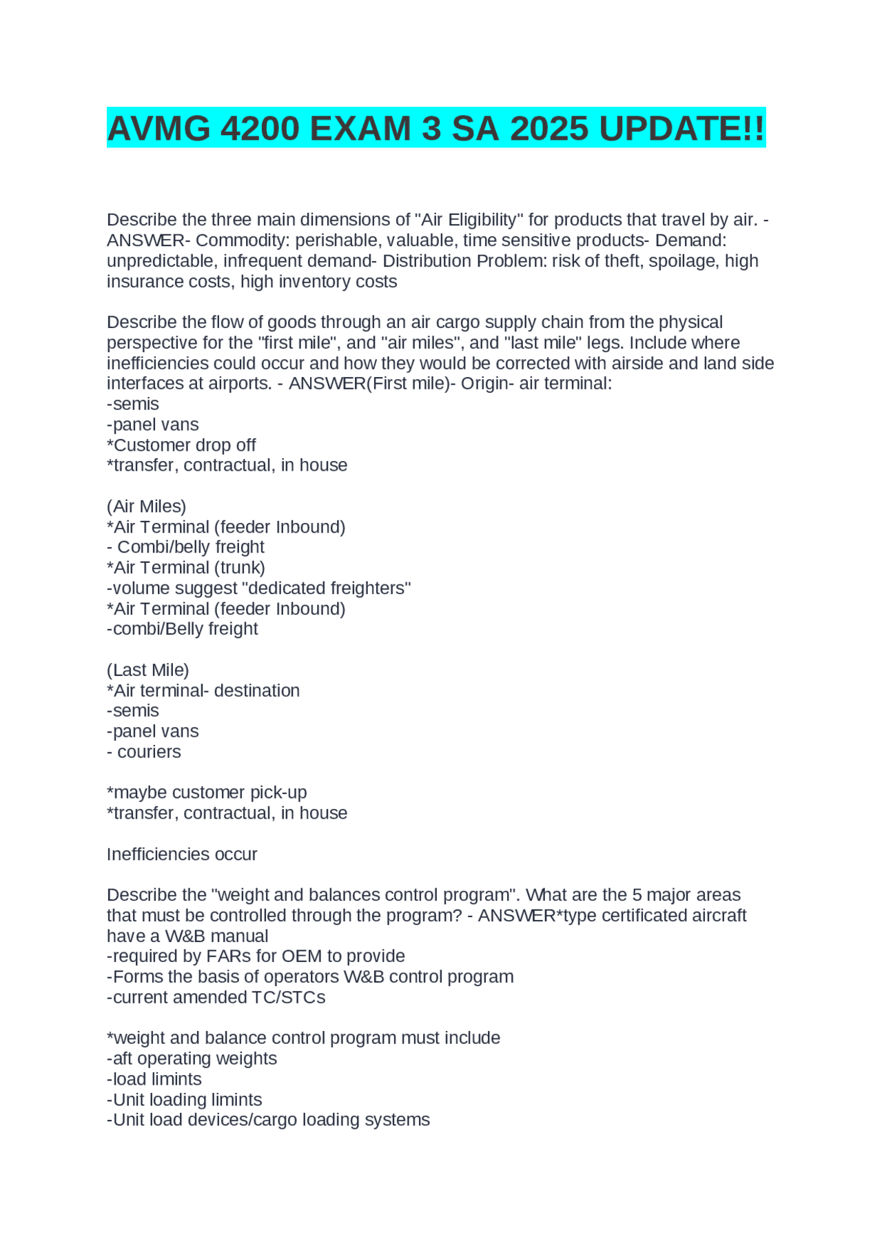 AVMG 4200 EXAM 3 SA 2025 UPDATE!! | Exams Economics | Docsity