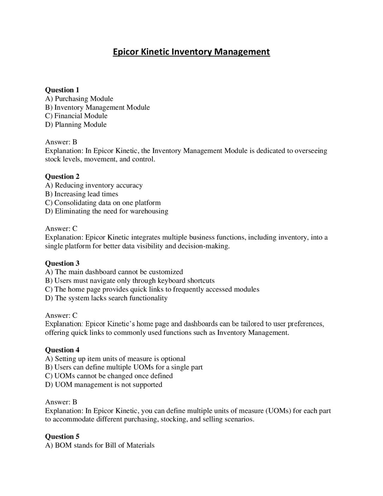 Epicor Kinetic Inventory Management | Exams Technology | Docsity